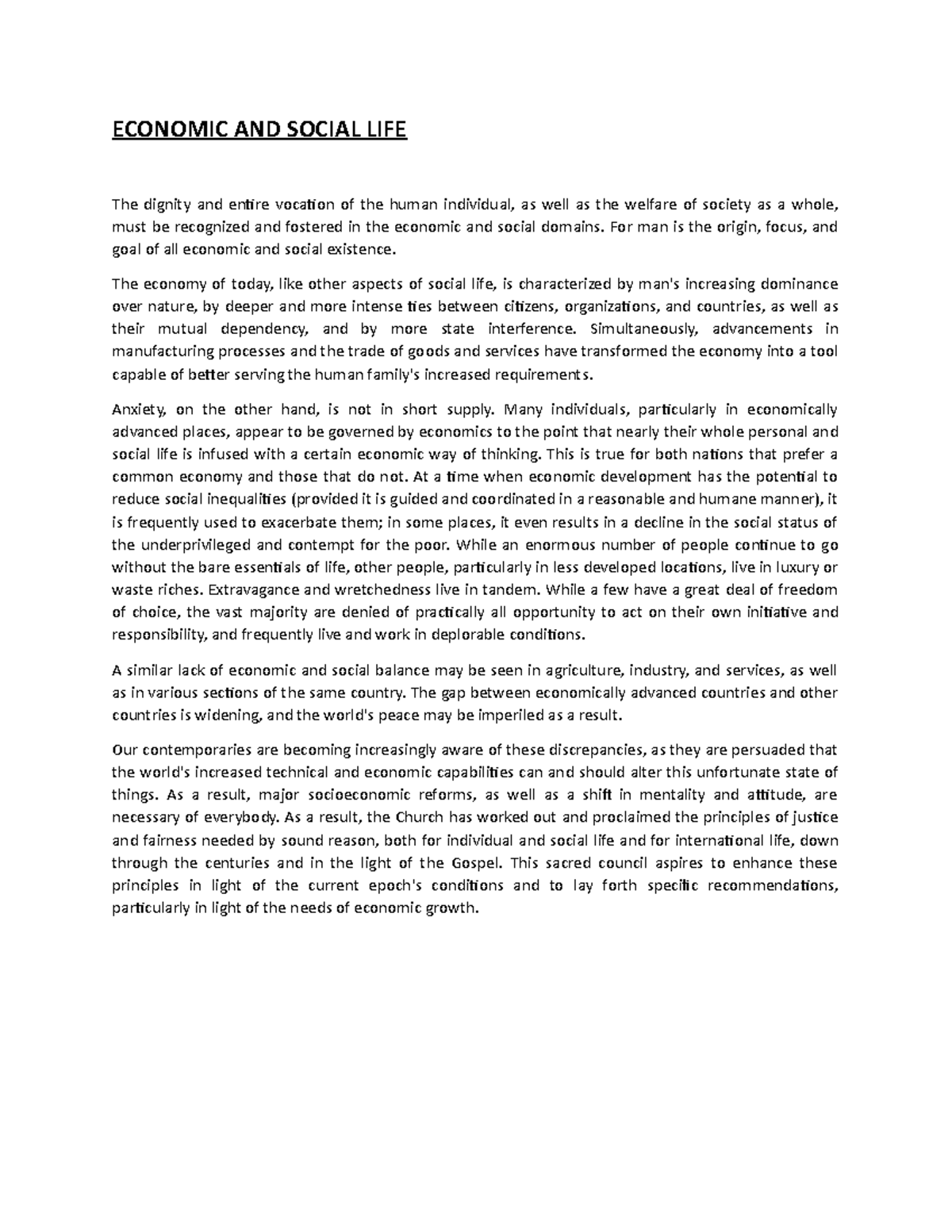 Economic AND Social LIFE - ECONOMIC AND SOCIAL LIFE The dignity and ...