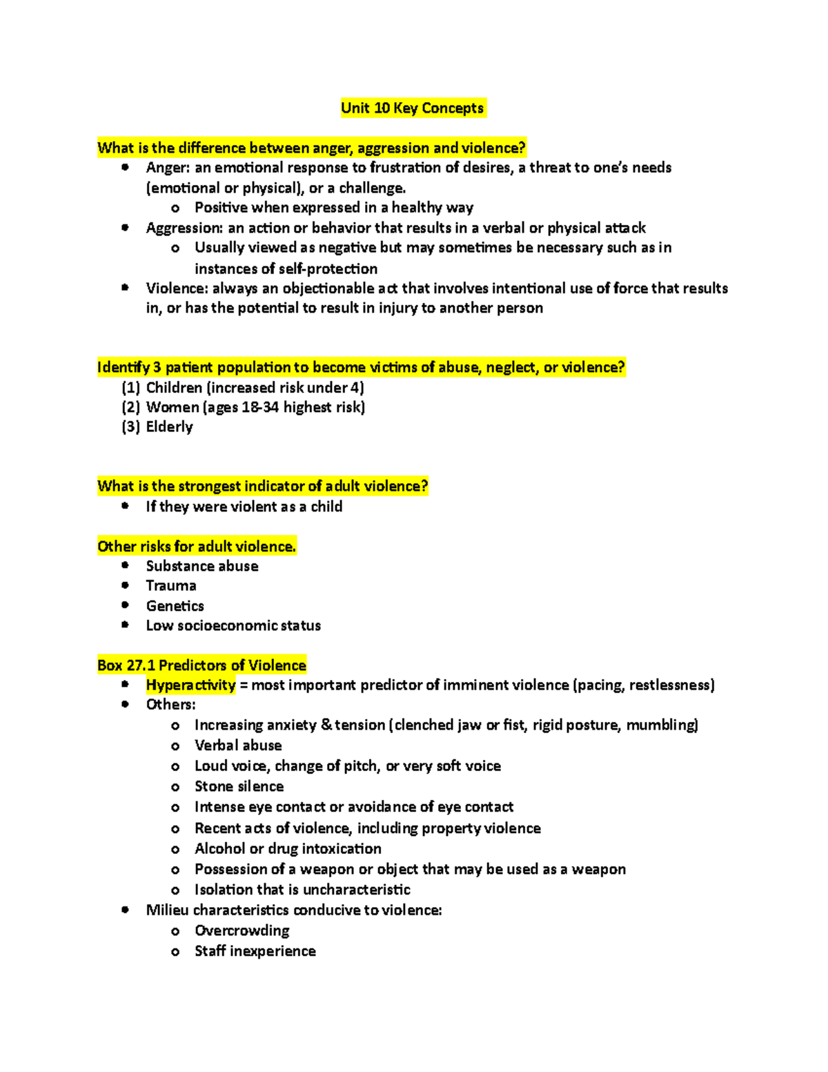 Unit 10 key concepts - Unit 10 Key Concepts What is the difference between anger, aggression and ...