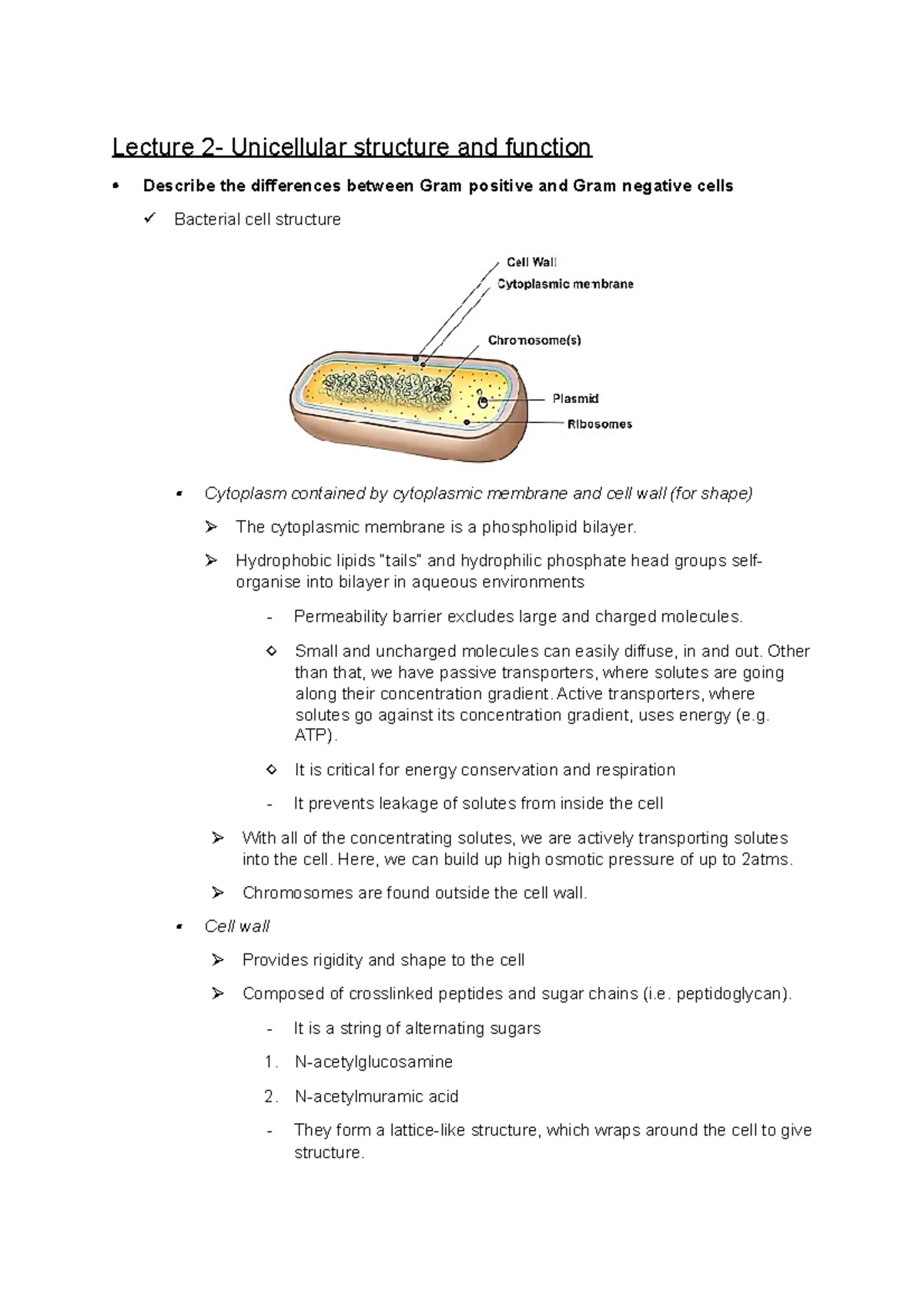 Lec1 - Lecture notes 1 - Lecture 2- Unicellular structure and function ...