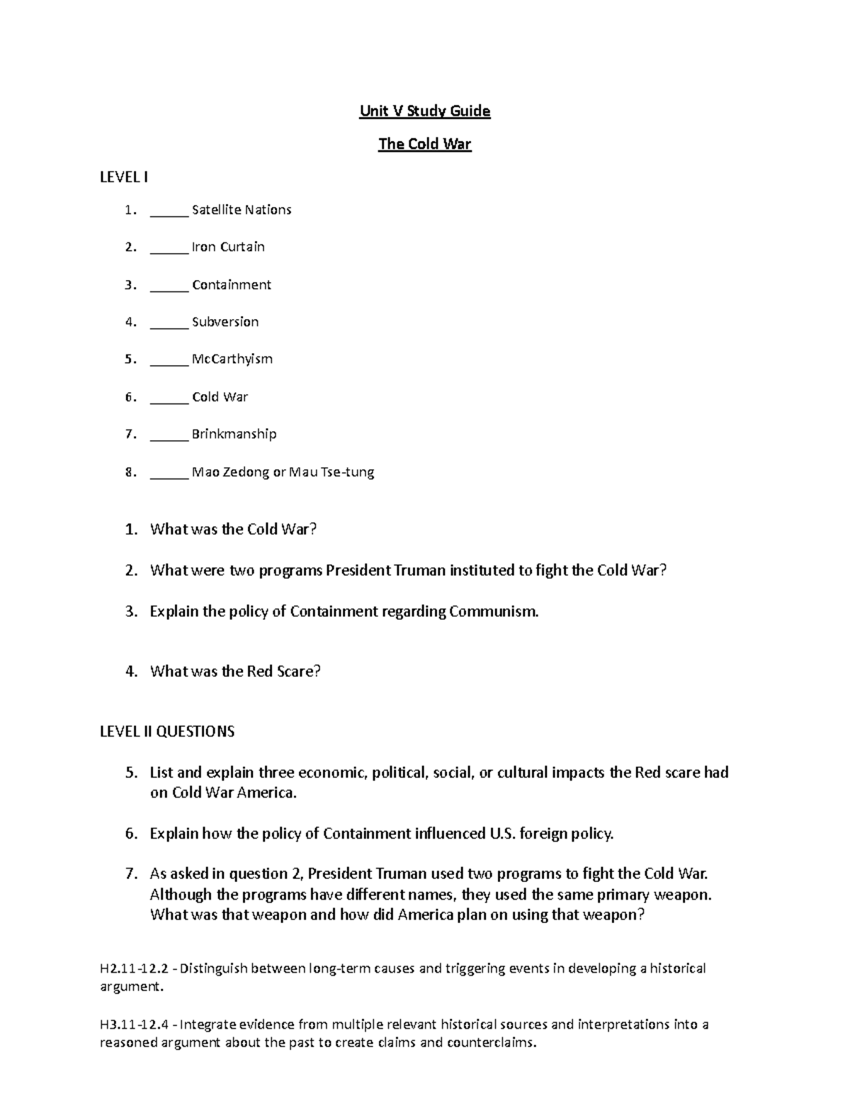 UNIT V Study Guide - Unit V Study Guide The Cold War LEVEL I 1 ...