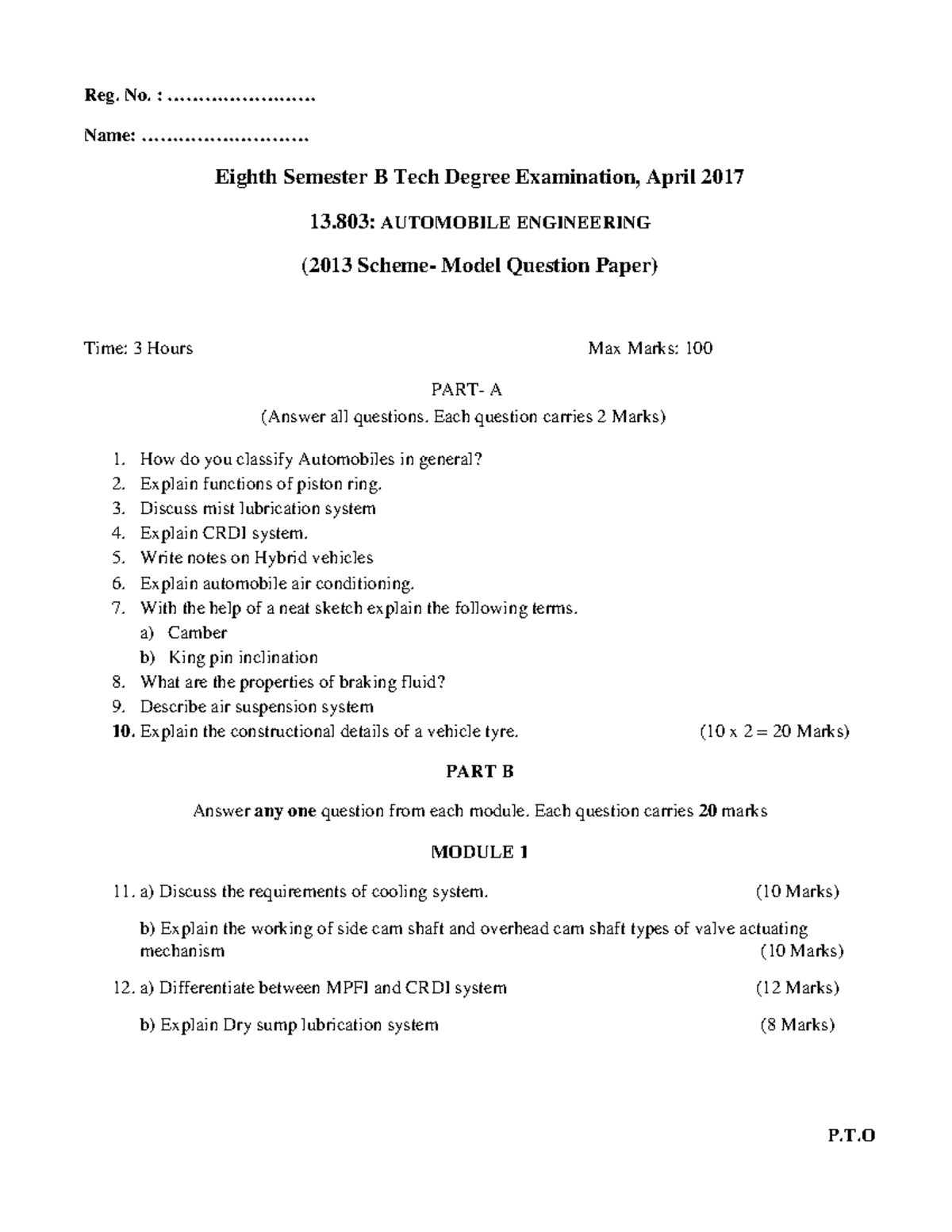 Auto Mobile Engineering 2013 Question Paper - Reg. No ...