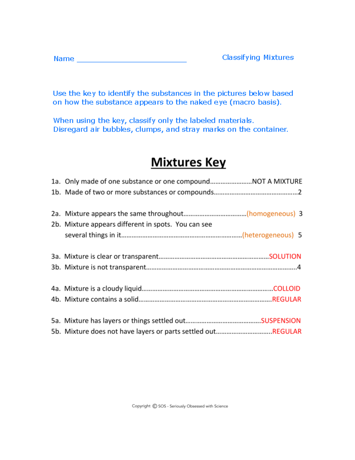 Classifying Mixtures Virtual Labw Dichotomous Key-1 - Name ________________________ Classifying ...