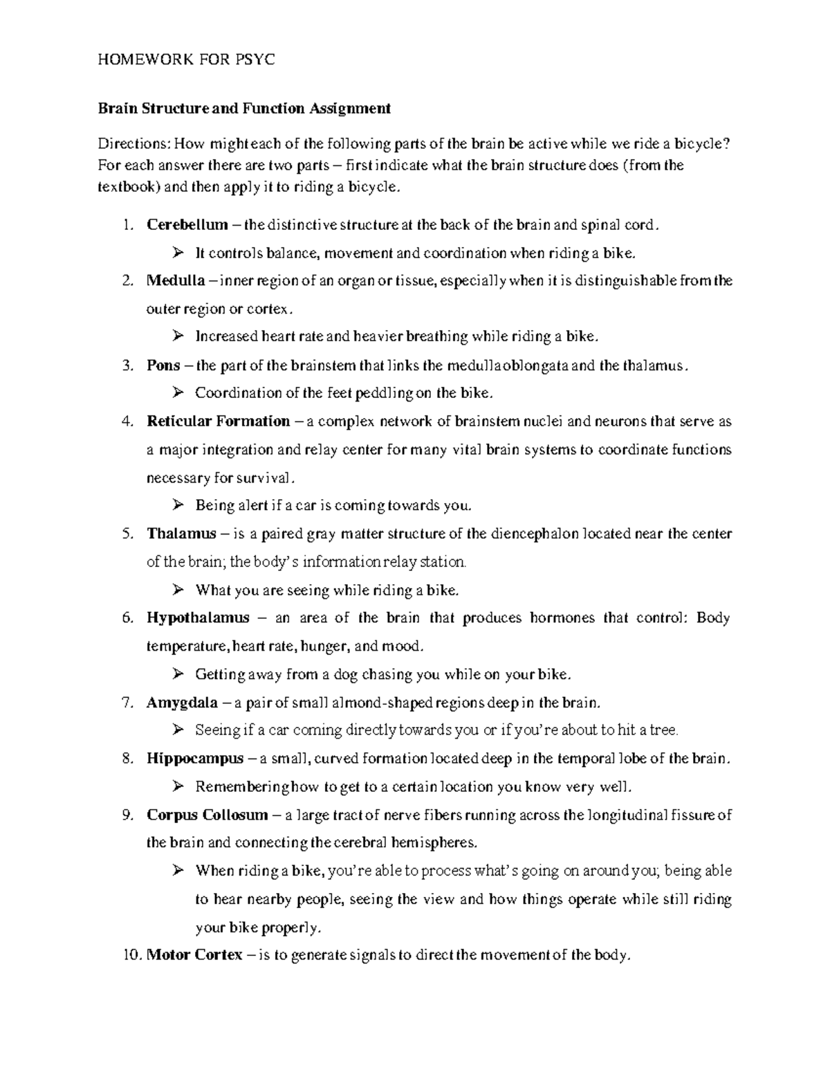Brain parts assignment - HOMEWORK FOR PSYC Brain Structure and Function ...