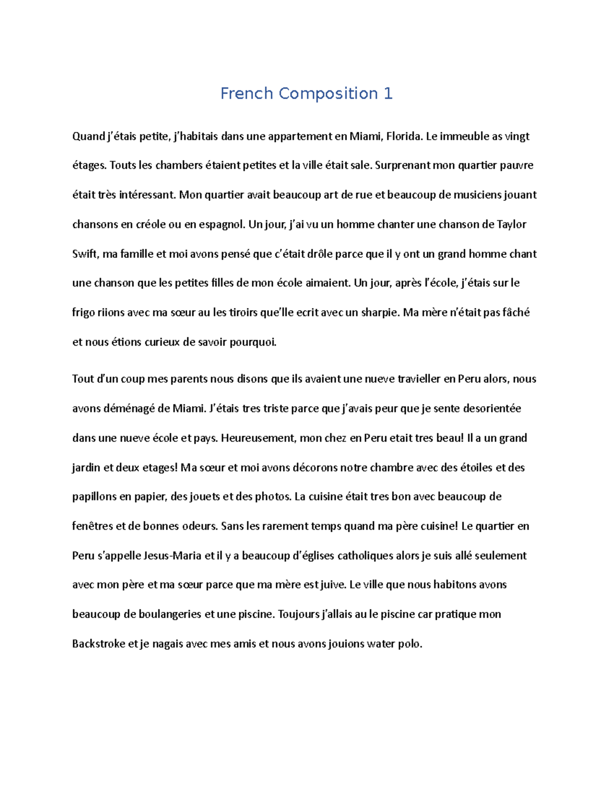 French comp1 - essay 1 - French Composition 1 Quand j'étais petite, j ...