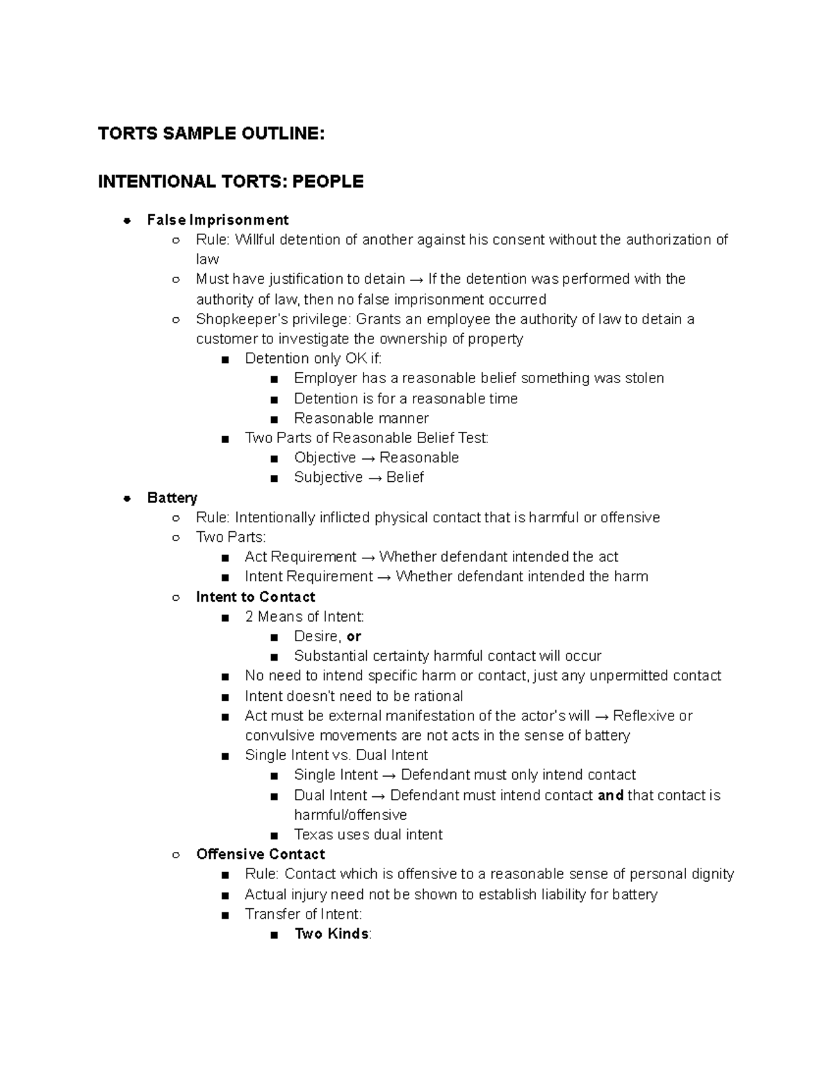 Torts OutlineTorts 1f - TORTS SAMPLE OUTLINE: INTENTIONAL TORTS: PEOPLE ...