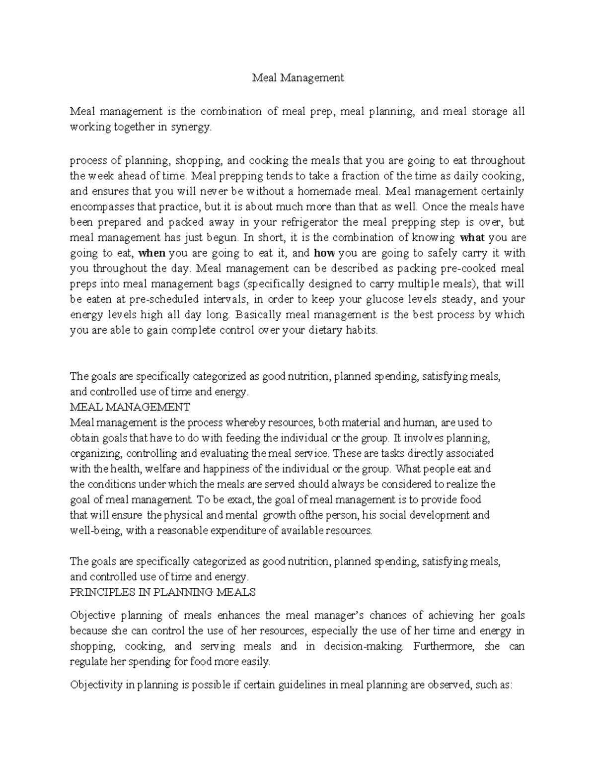 Meal management 1 - Meal Management Meal management is the combination of meal prep, meal ...