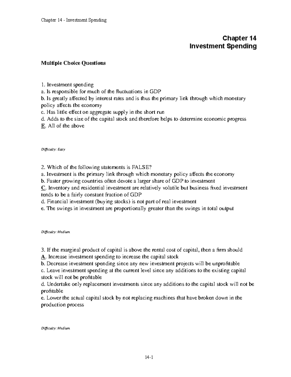 Tb Chap 014 - Chapter 14 Investment Spending Multiple Choice Questions ...