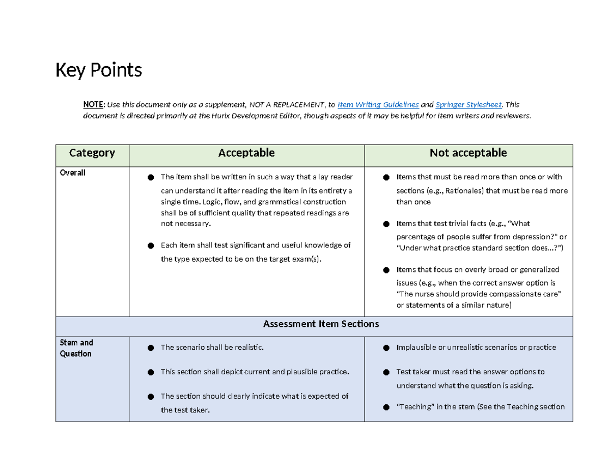 Springer OCN Key Points for Assessment Item Creation - Key Points NOTE ...