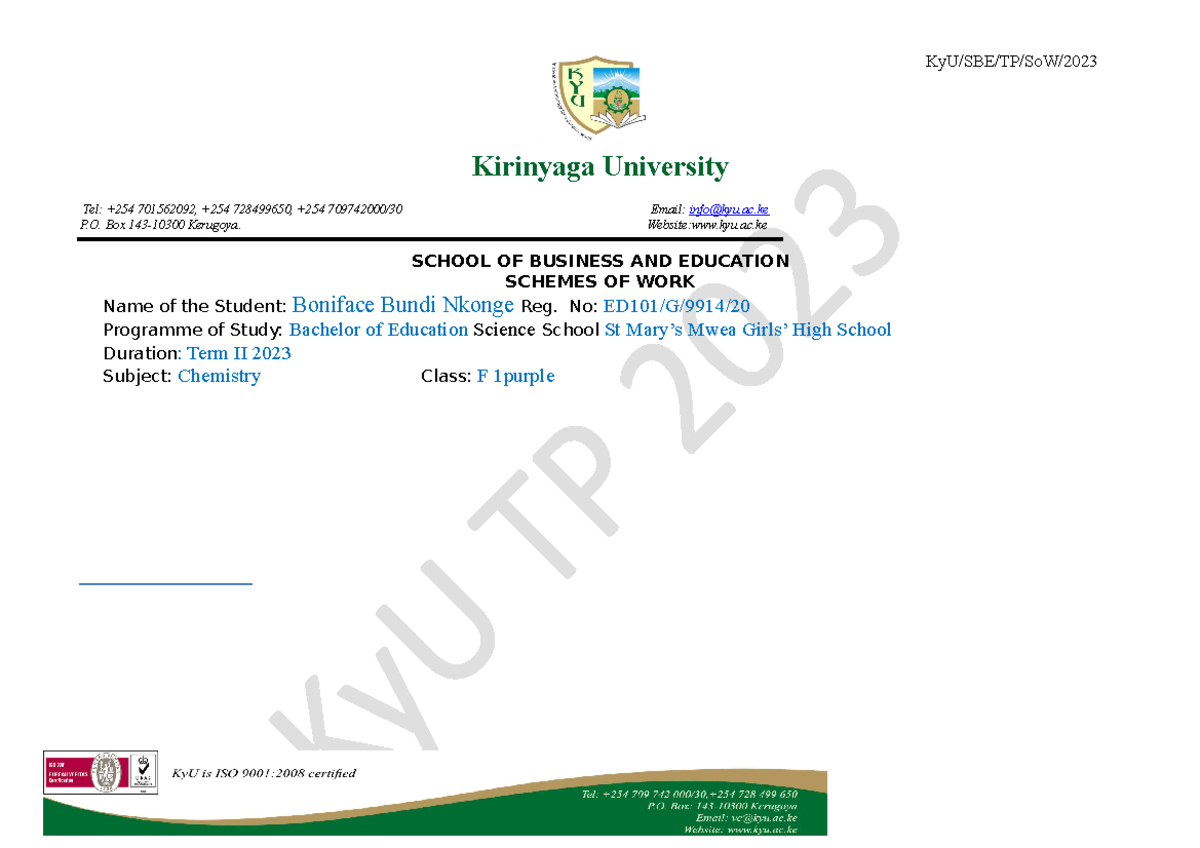 Schemes OF WORK chem FORM 1 TERM 2 - KyU/SBE/TP/SoW/ Kirinyaga ...