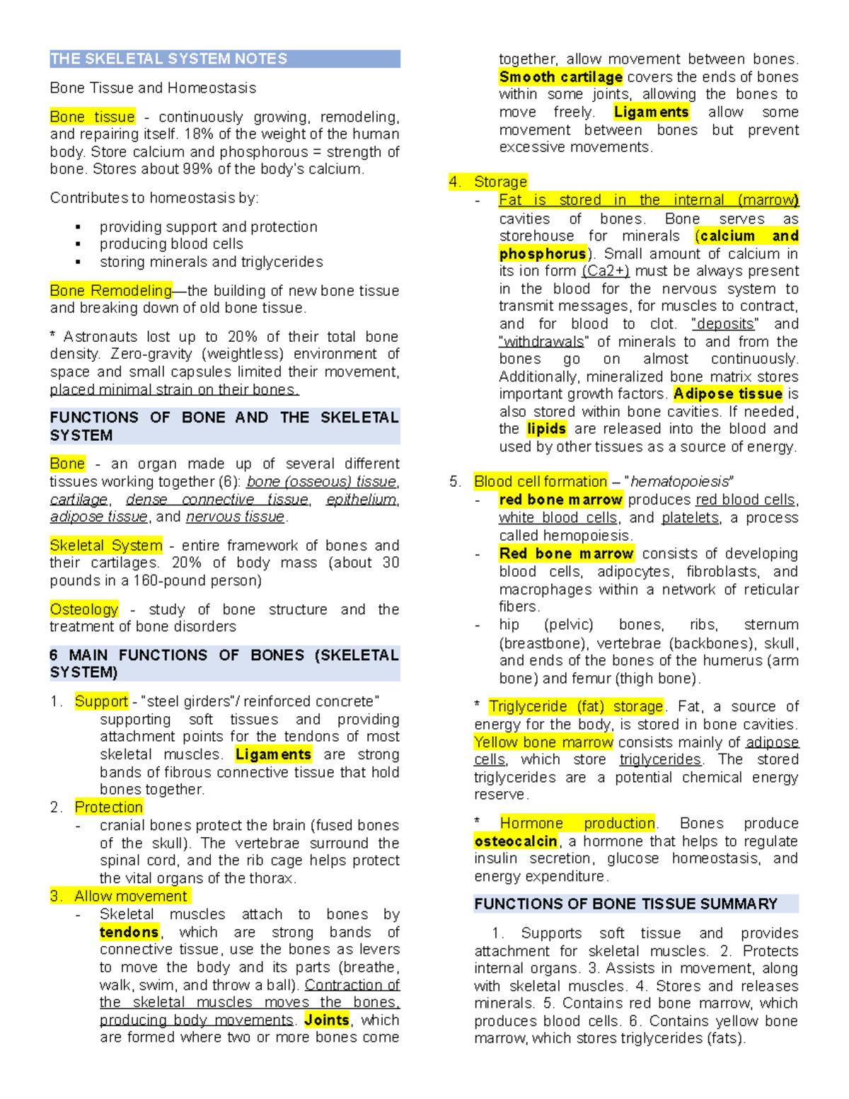 THE Skeletal System Notes - THE SKELETAL SYSTEM NOTES Bone Tissue and ...