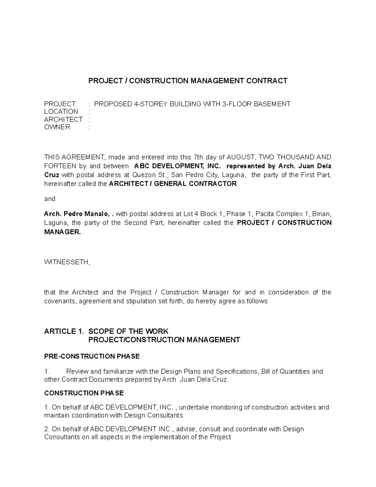 17. Project Management Contract - PROJECT / CONSTRUCTION MANAGEMENT CONTRACT PROJECT : PROPOSED ...
