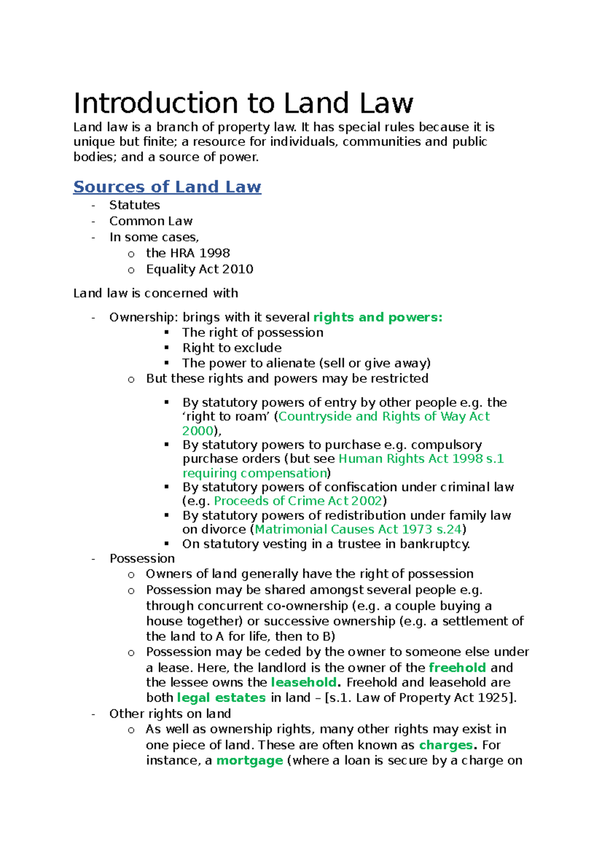 Summary Notes Land Law - Autumn Term - Introduction to Land Law Land ...