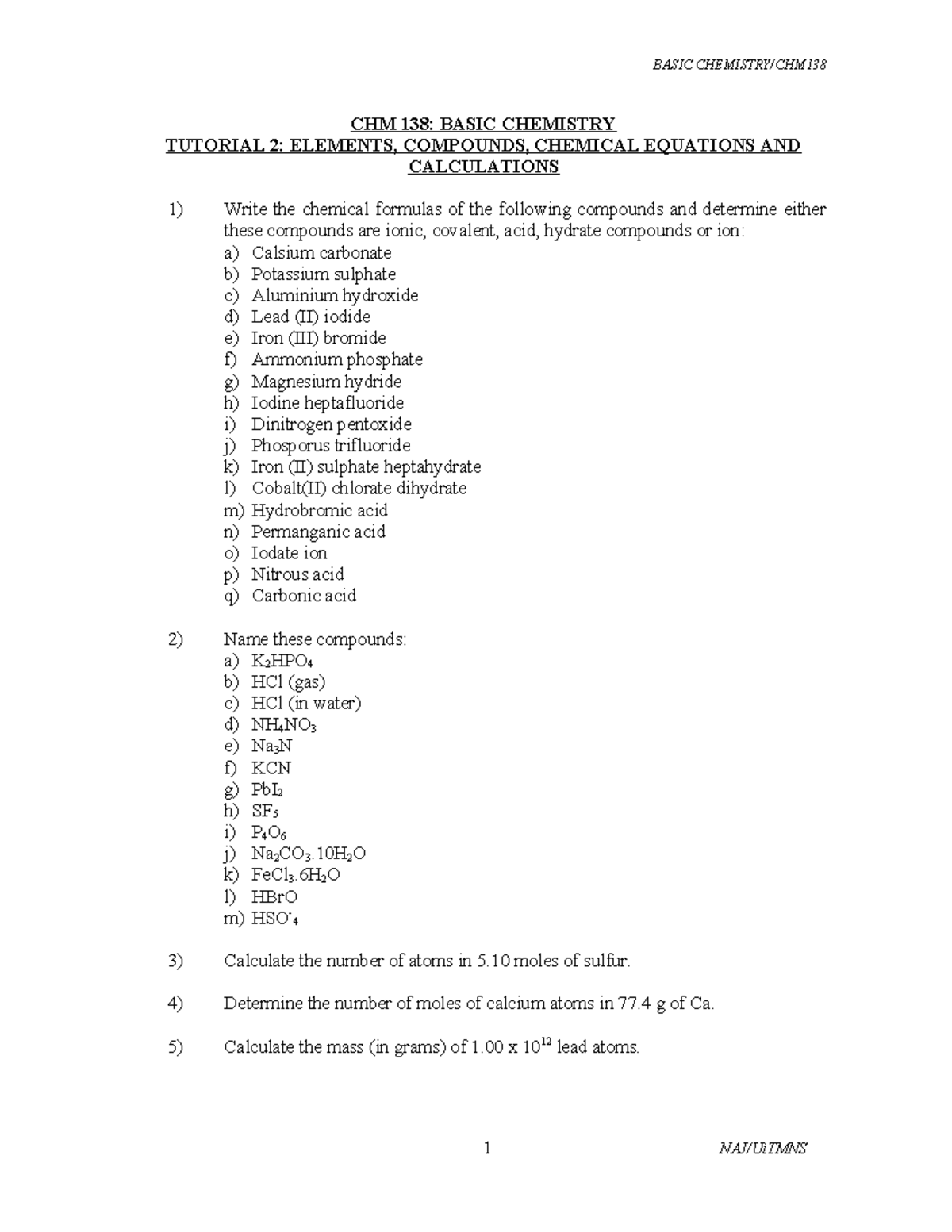 Tutorial Chapter 2 Okk Chm 138 Basic Chemistry Tutorial 2