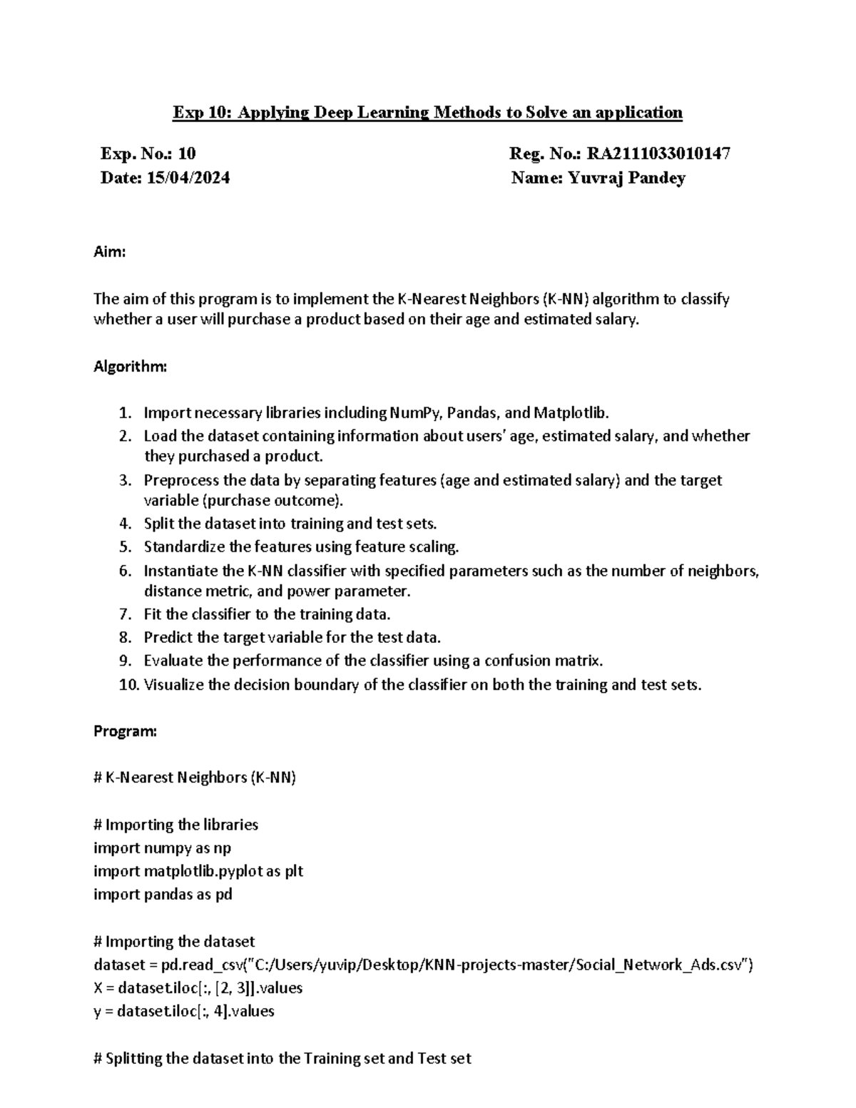 Ai Lab Exp 10 All Practical Material Exp 10 Applying Deep Learning Methods To Solve An