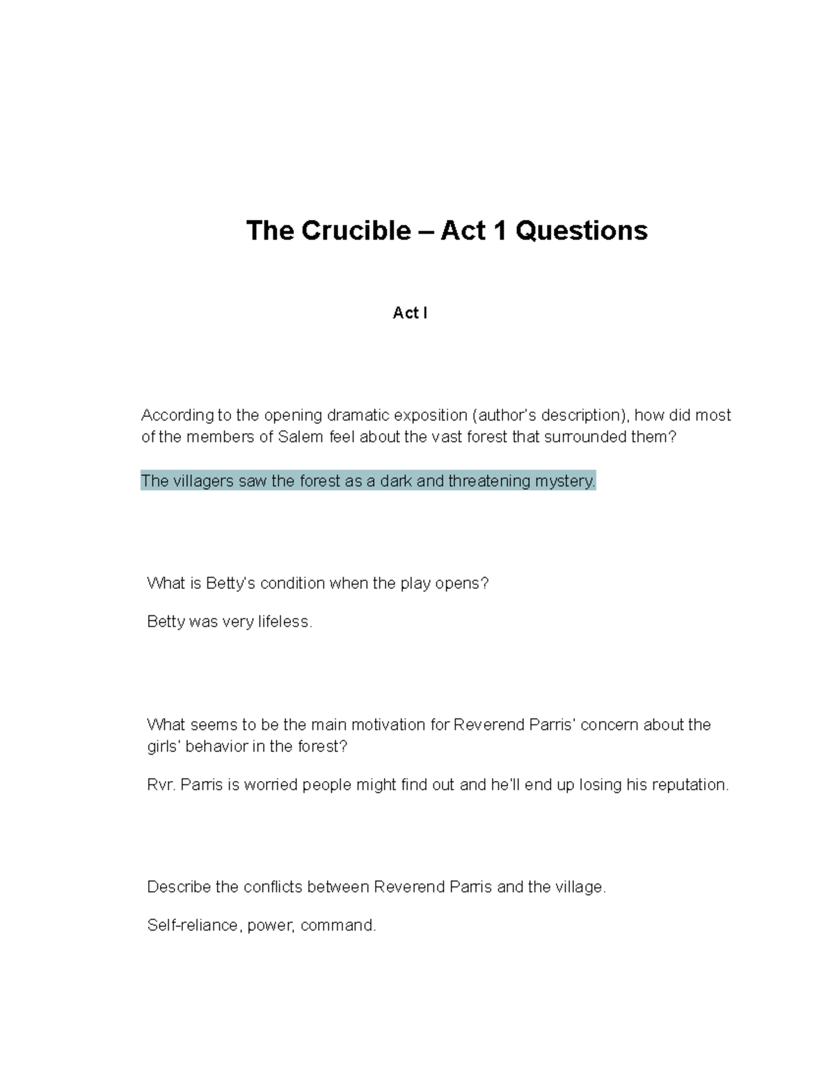 The Crucible questions ACT 1 - 2712322 - The Crucible – Act 1 Questions ...