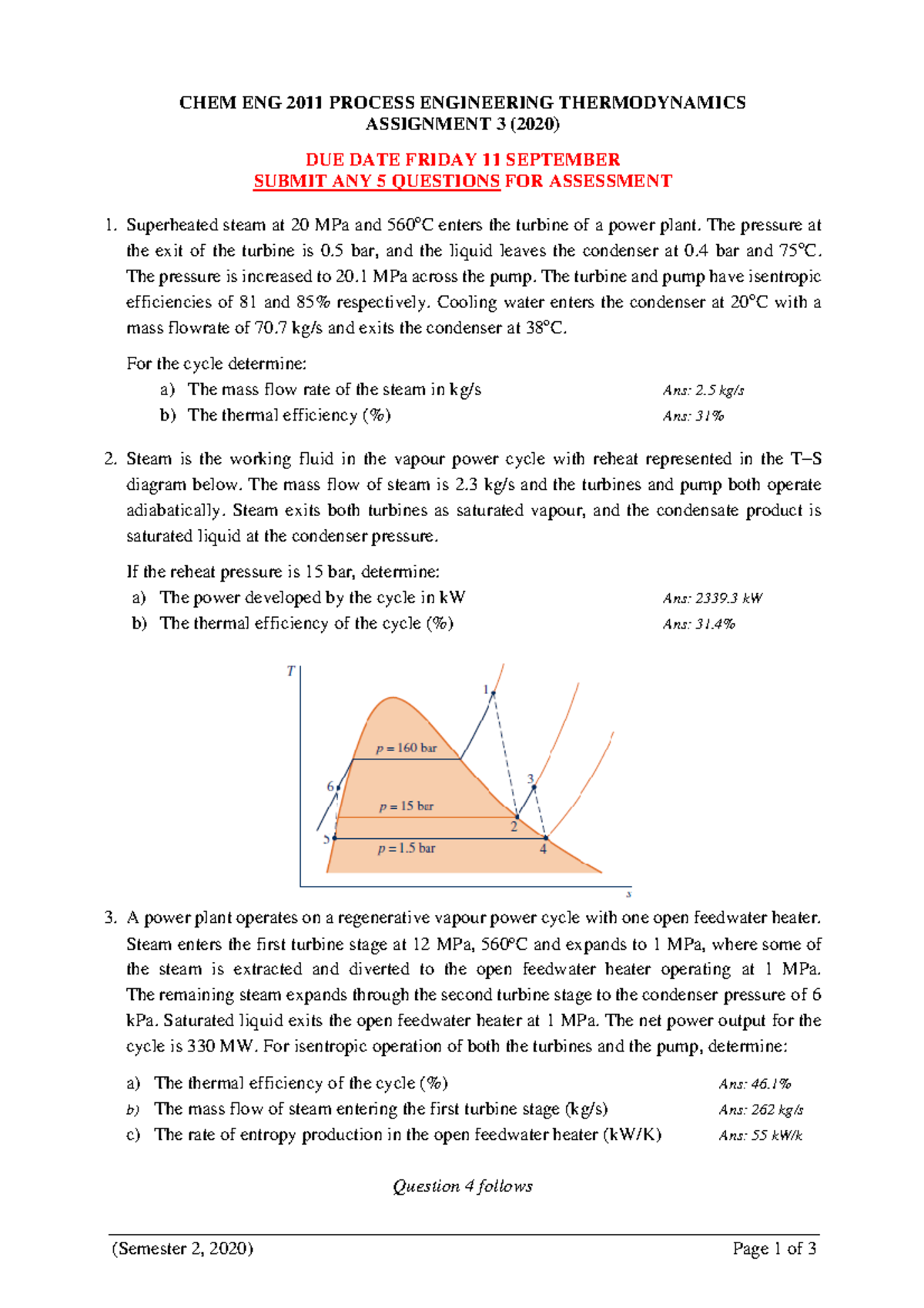Thermo Tut#3 2020 - Tutorial Questions - (Semester 2, 2020) Page 1 of 3 ...