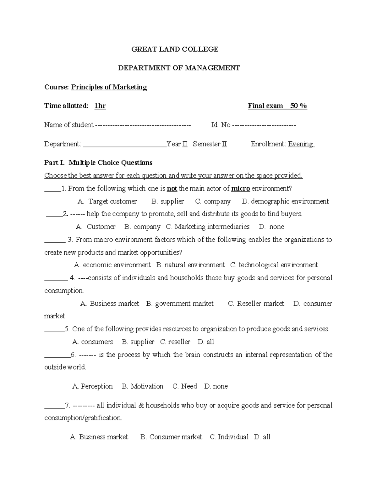 Final Exam Intro COMP GLC - GREAT LAND COLLEGE DEPARTMENT OF MANAGEMENT ...