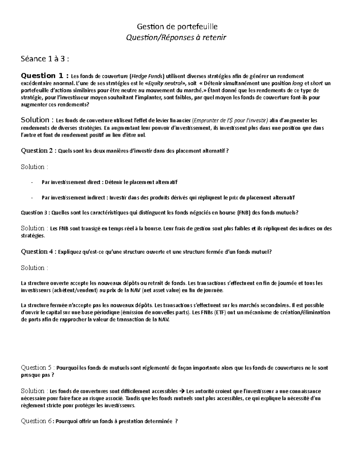 Cours résumé de 1 a 7 sur - Gestion de portefeuille Question/Réponses à retenir Séance 1 à 3 ...