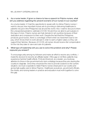 Ma. Je-ann Catedral BSN 4-B - Ma. Je-Ann P. Catedral BSN 4-B 1 ...