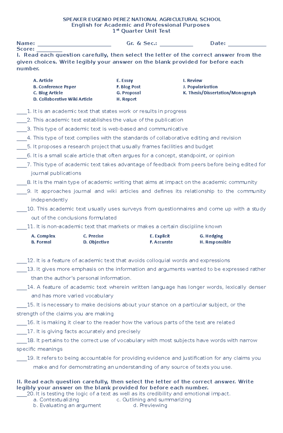 Unit Test In EAPP Summative Test In ENGLISH FOR ACADEMIC AND unit-test-in-eapp-summative-test-in-english-for-academic-and