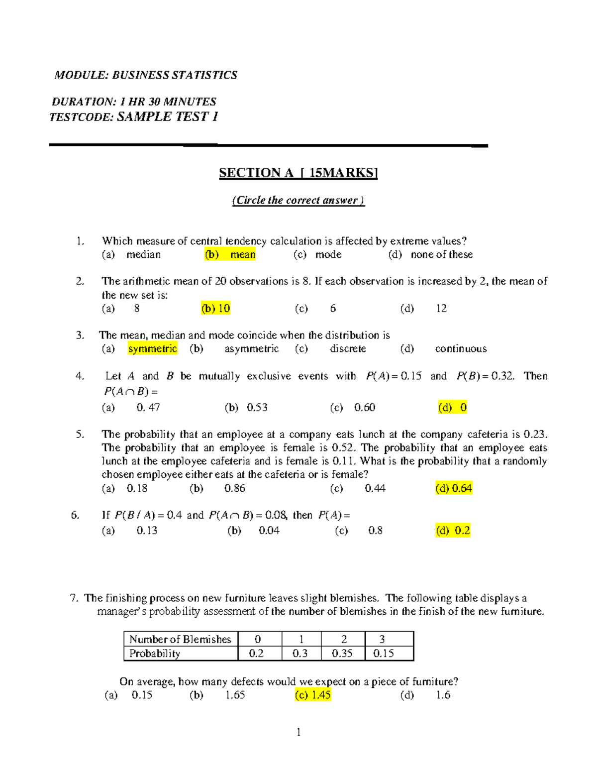 Sample Business Statistics - 1 MODULE: BUSINESS STATISTICS DURATION: 1 ...