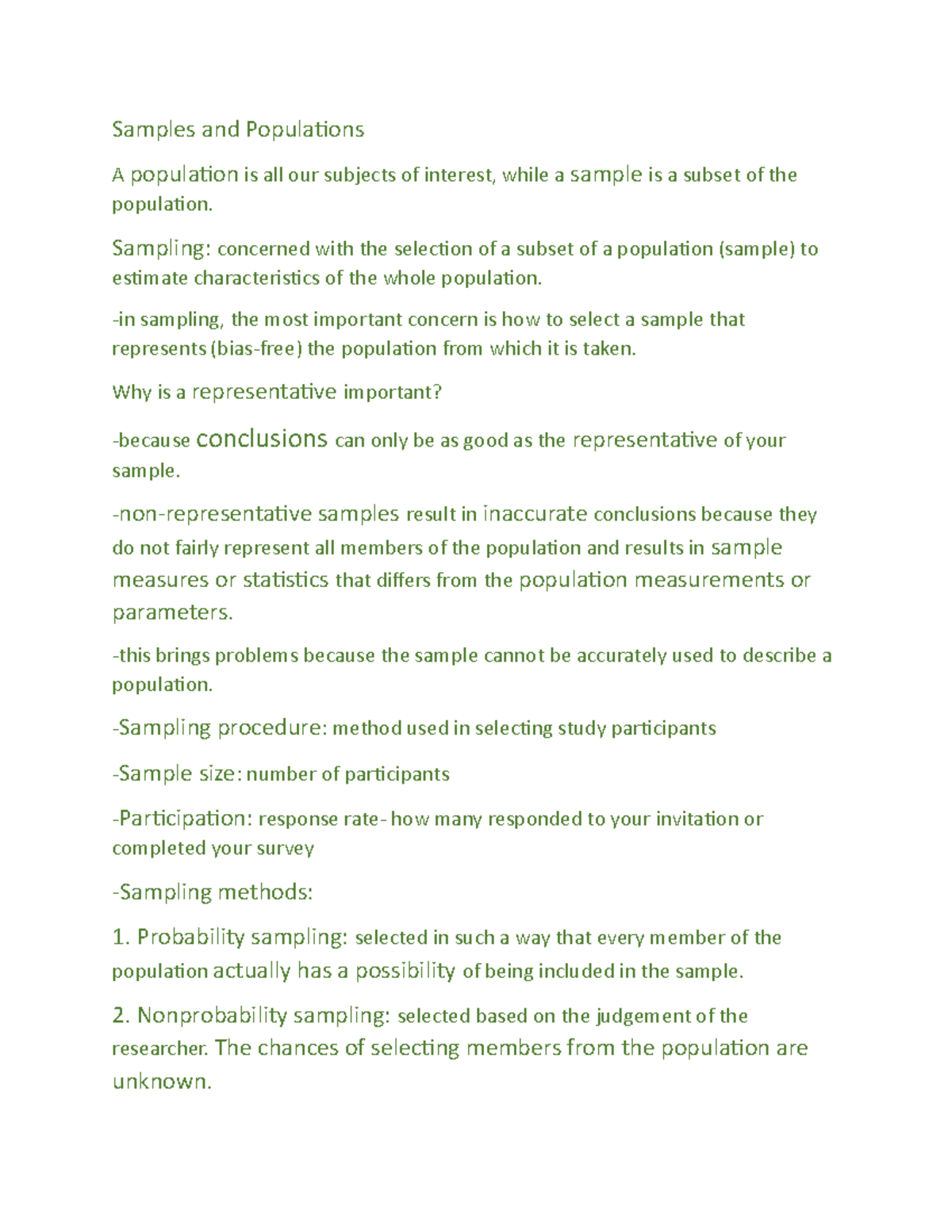 Samples and Populations - Sampling: concerned with the selection of a ...