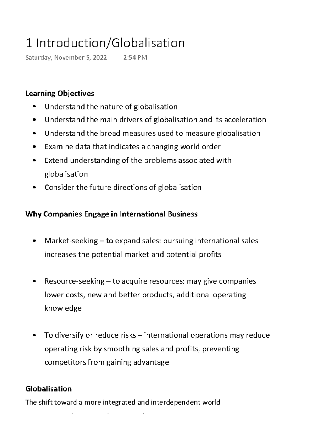 1 Introduction Globalisation - Learning Objectives Understand the ...