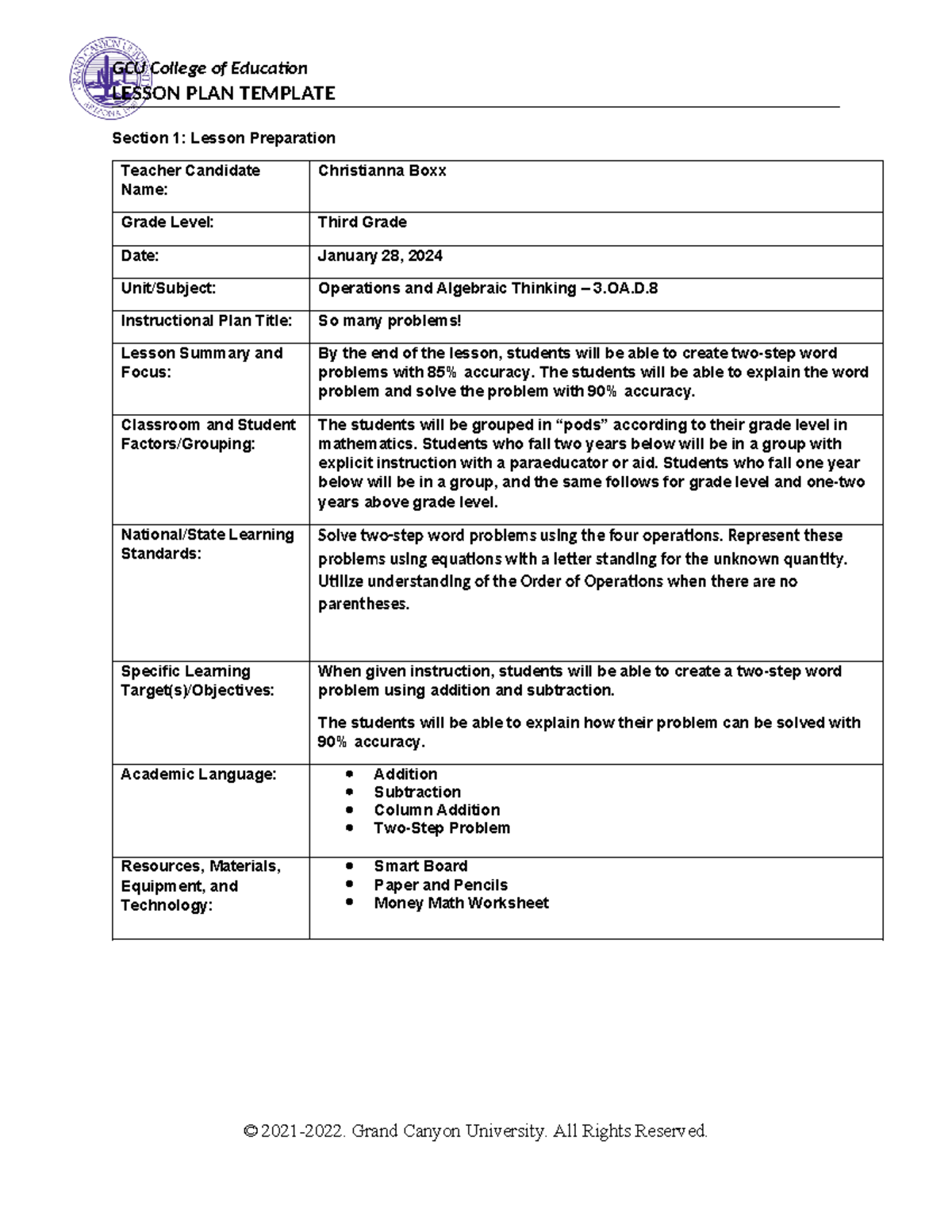 Operations and Algebraic Lesson Plan - LESSON PLAN TEMPLATE Section 1 ...
