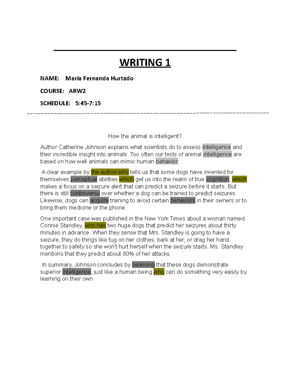Writing 1 ARW2 - were - WRITING 1 NAME: Maria Fernanda Hurtado COURSE ...
