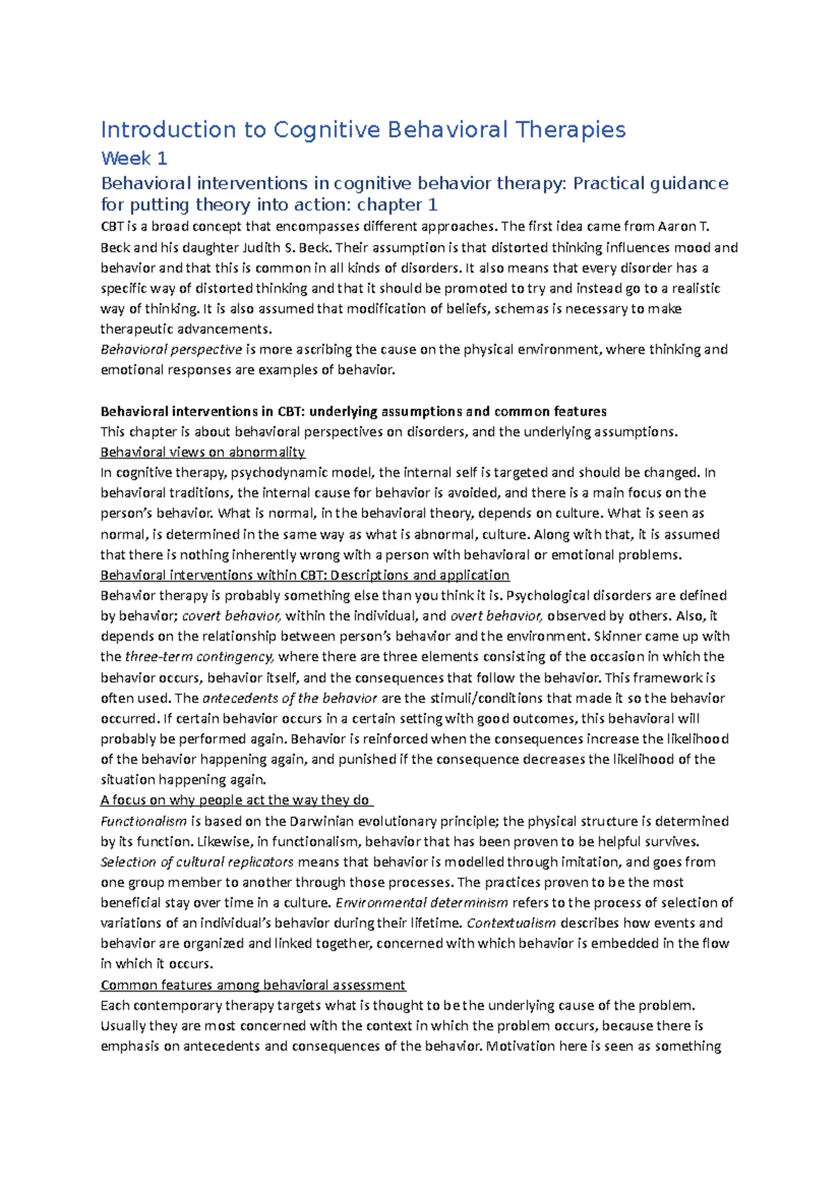 Introduction to Cognitive Behavioral Therapies Summary - Introduction ...