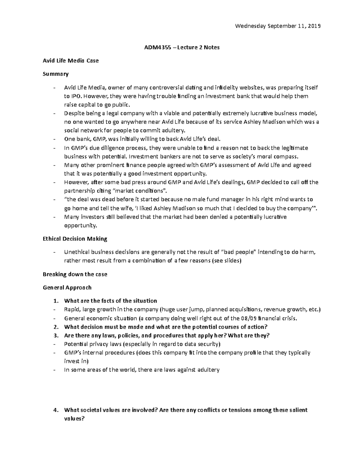Lecture 2 for finance ethics - ADM4355 – Lecture 2 Notes Avid Life ...