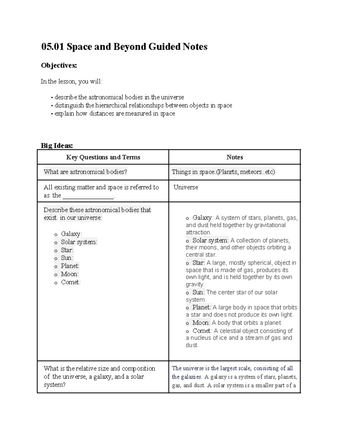 05.01 Space and Beyond GN - 05 Space and Beyond Guided Notes Objectives ...