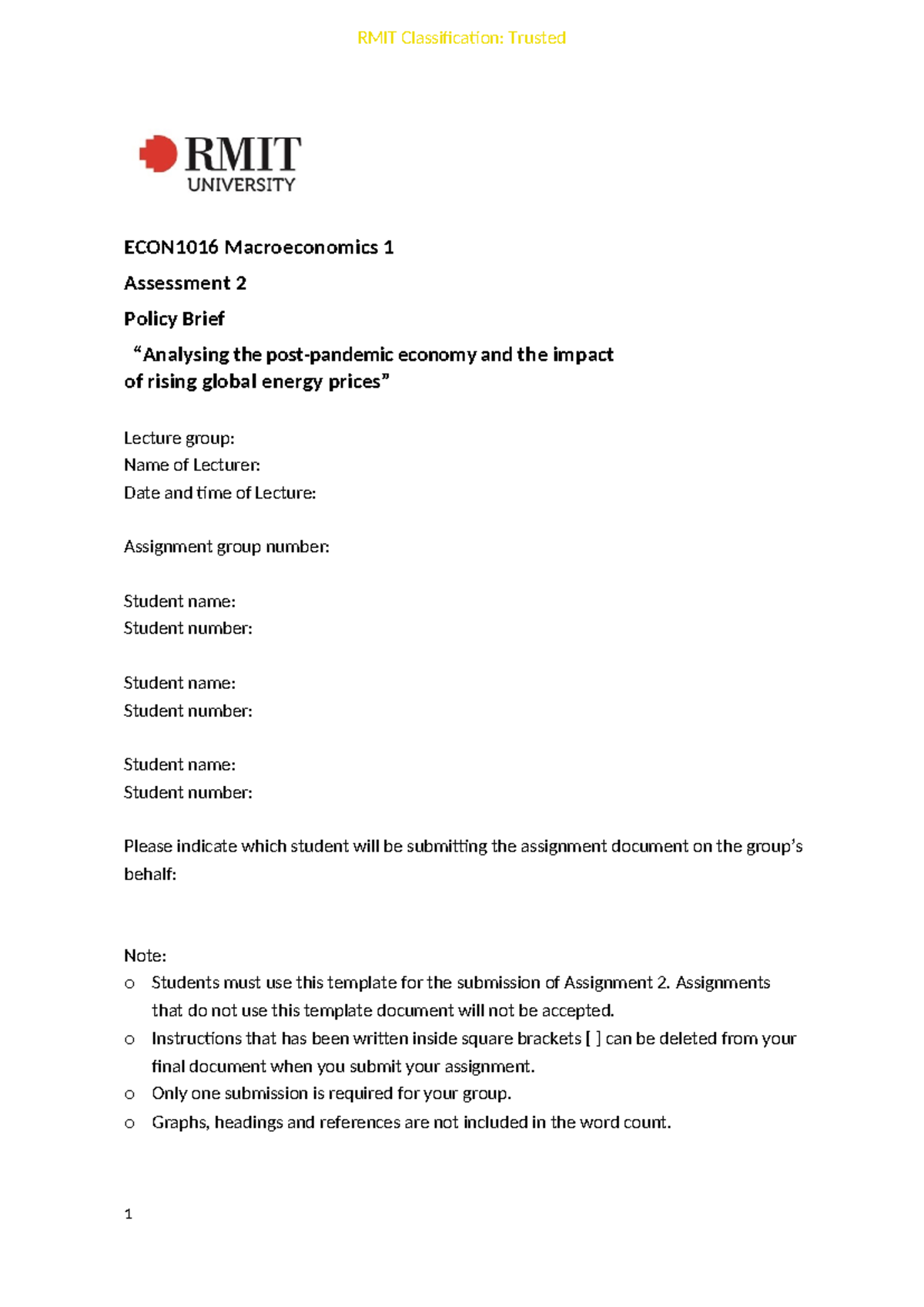 SIM Macro Assessment 2 - Template document-2 - ECON1016 Macroeconomics ...