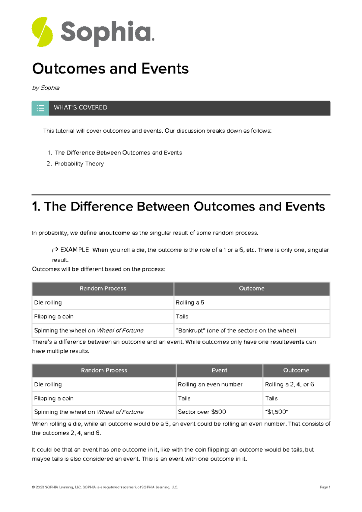 Outcomes and events 2 - none - Outcomes and Events by Sophia This ...