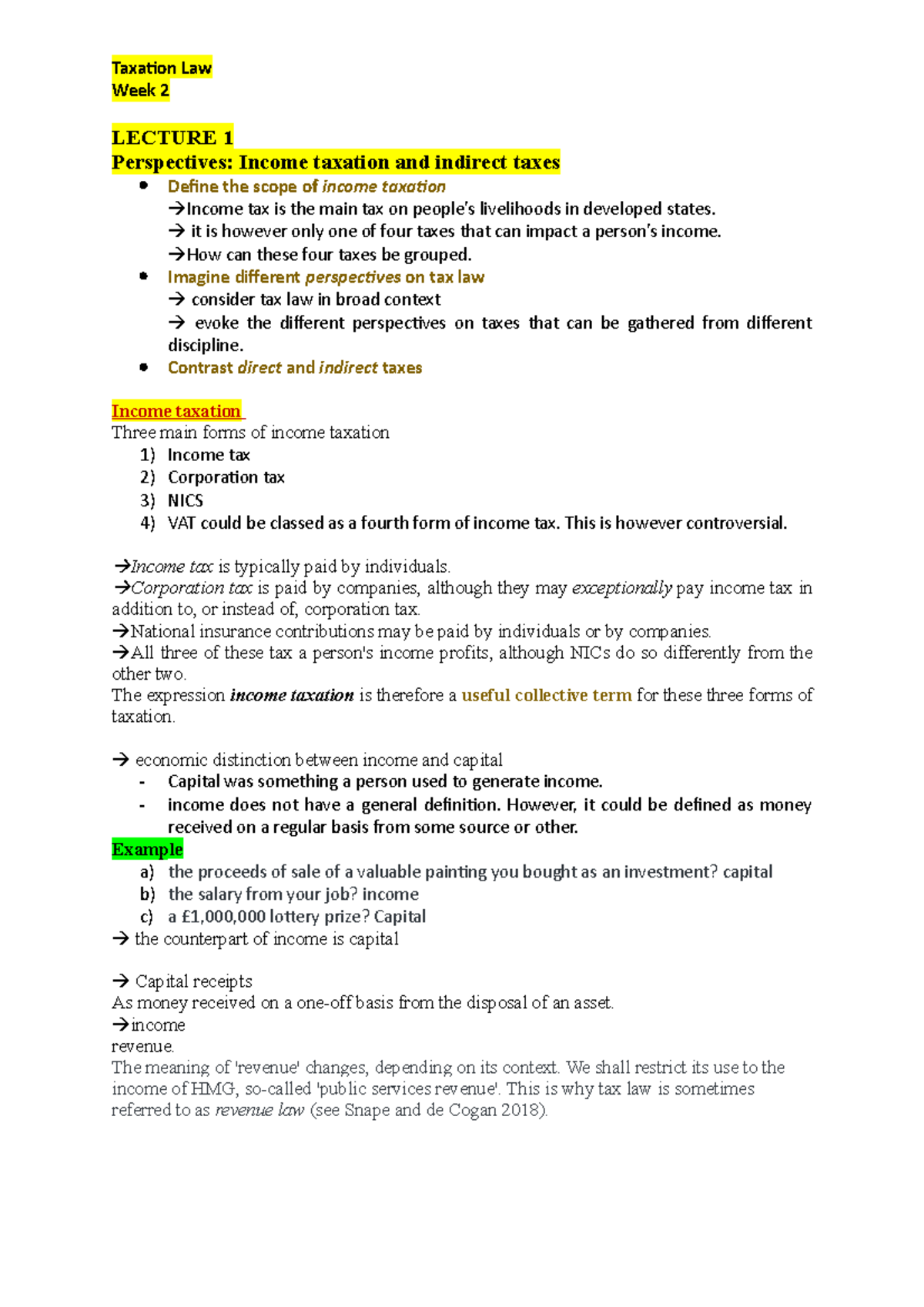 Taxation week 2 - Lecture notes 2 - Week 2 LECTURE 1 Perspectives ...