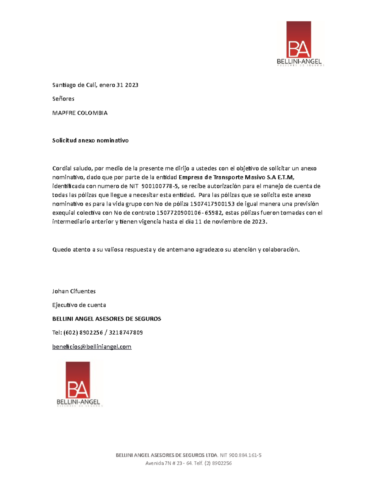 Carta Anexo Nominativo - Santiago de Cali, enero 31 2023 Señores MAPFRE ...