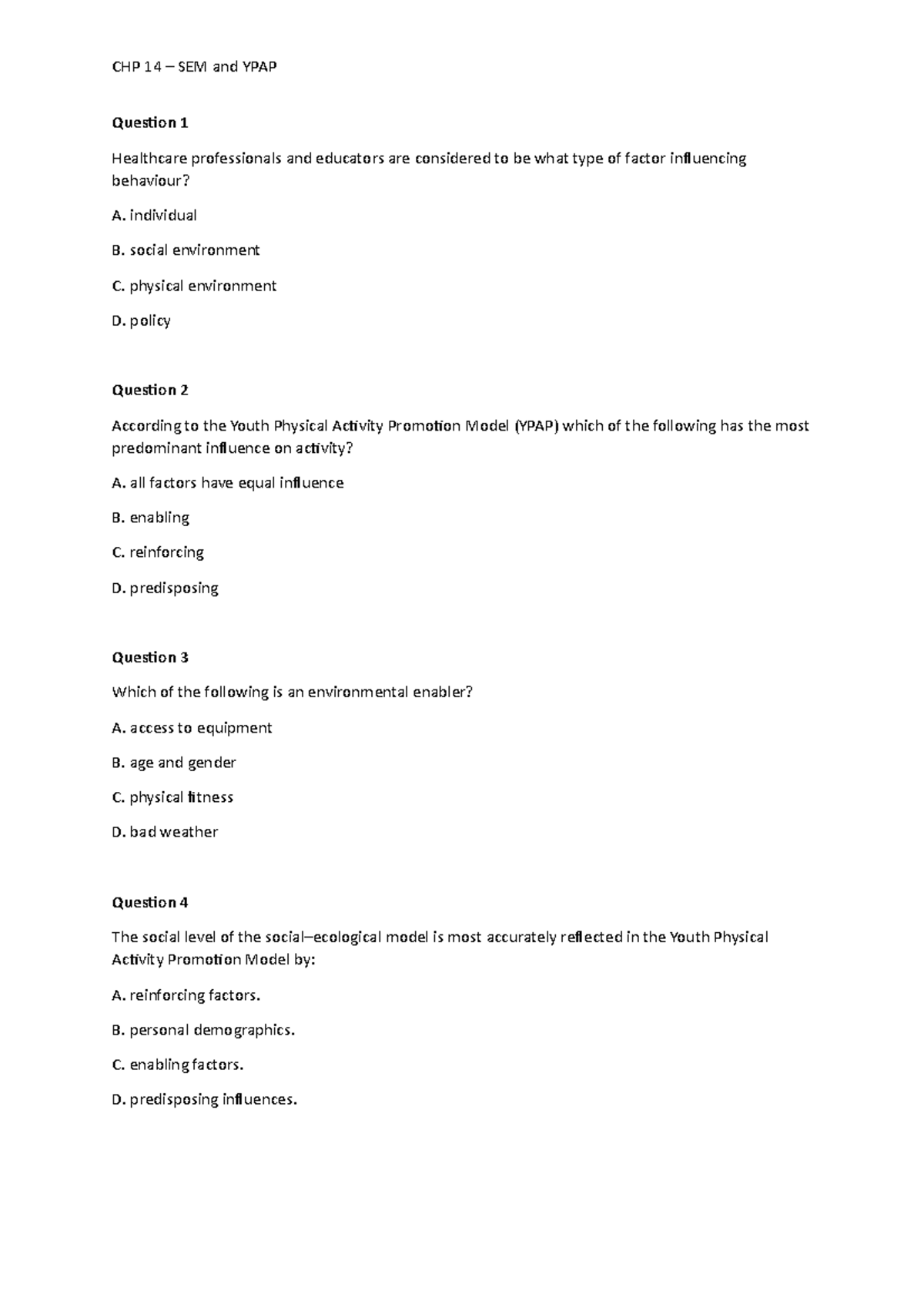 Chp 14 SEM YPAP exam like questions - CHP 14 – SEM and YPAP Question 1 ...