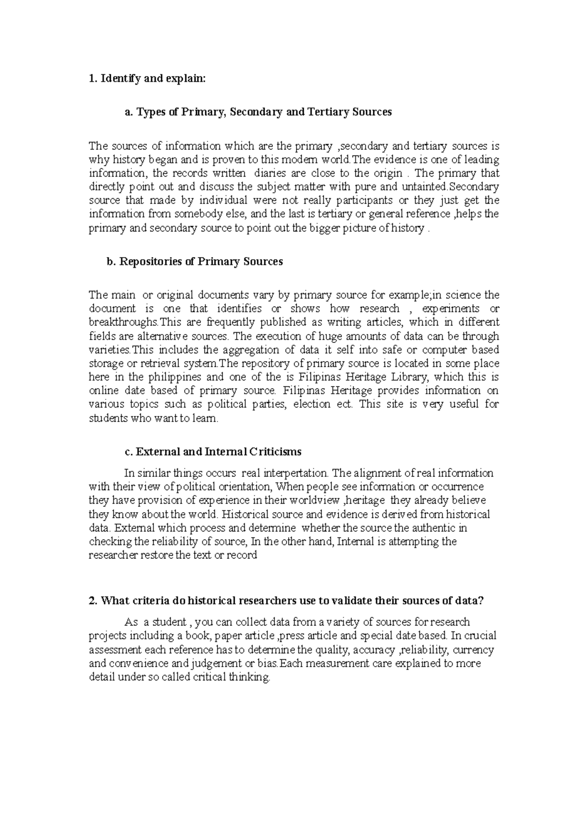 importance of history - 1. Identify and explain: a. Types of Primary ...