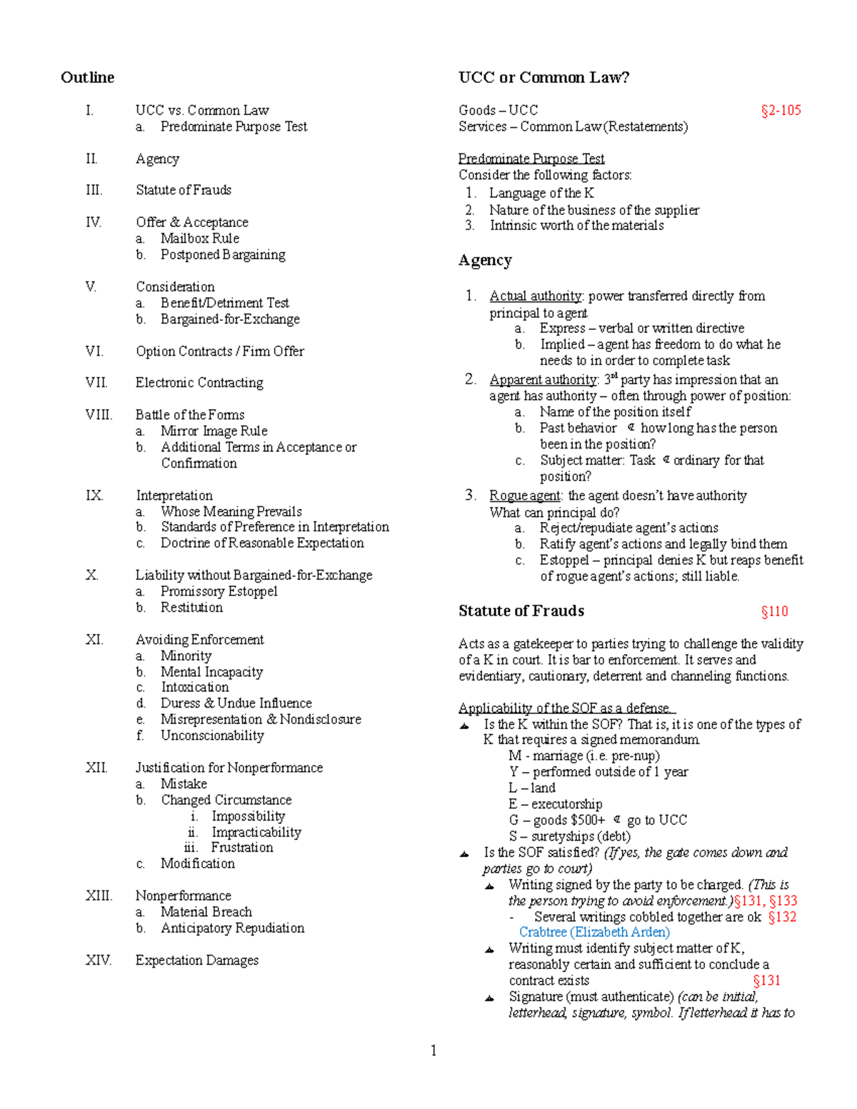 Contracts Attack 2020 - Taylor - Outline I. UCC vs. Common Law a ...