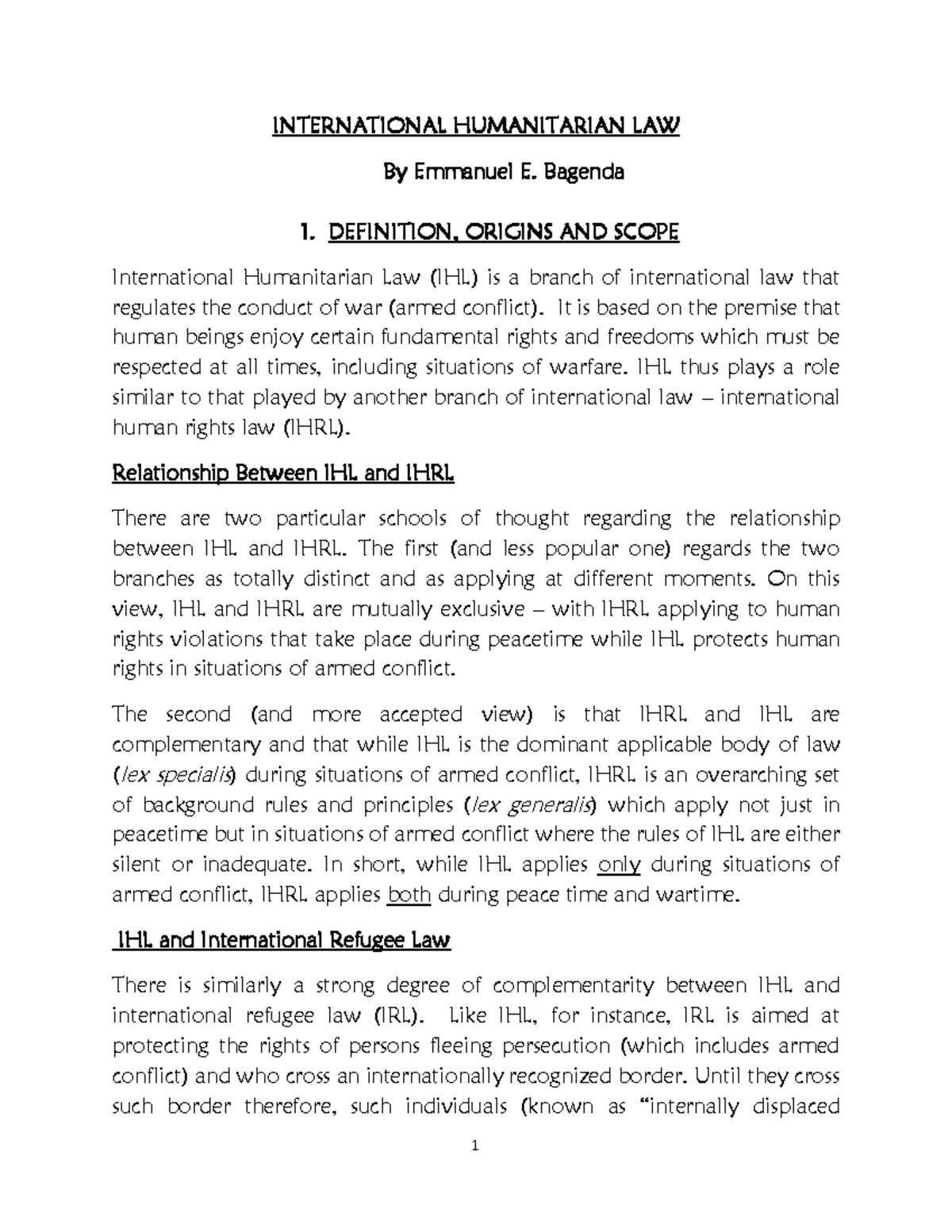 IHL Notes - IHR - INTERNATIONAL HUMANITARIAN LAW By Emmanuel E. Bagenda ...