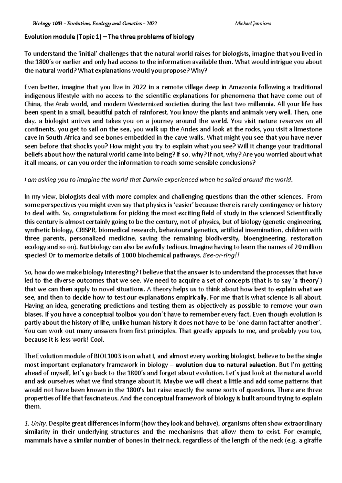 3. Handout 2022. Introduction to Evolution - Evolution module (Topic 1 ...