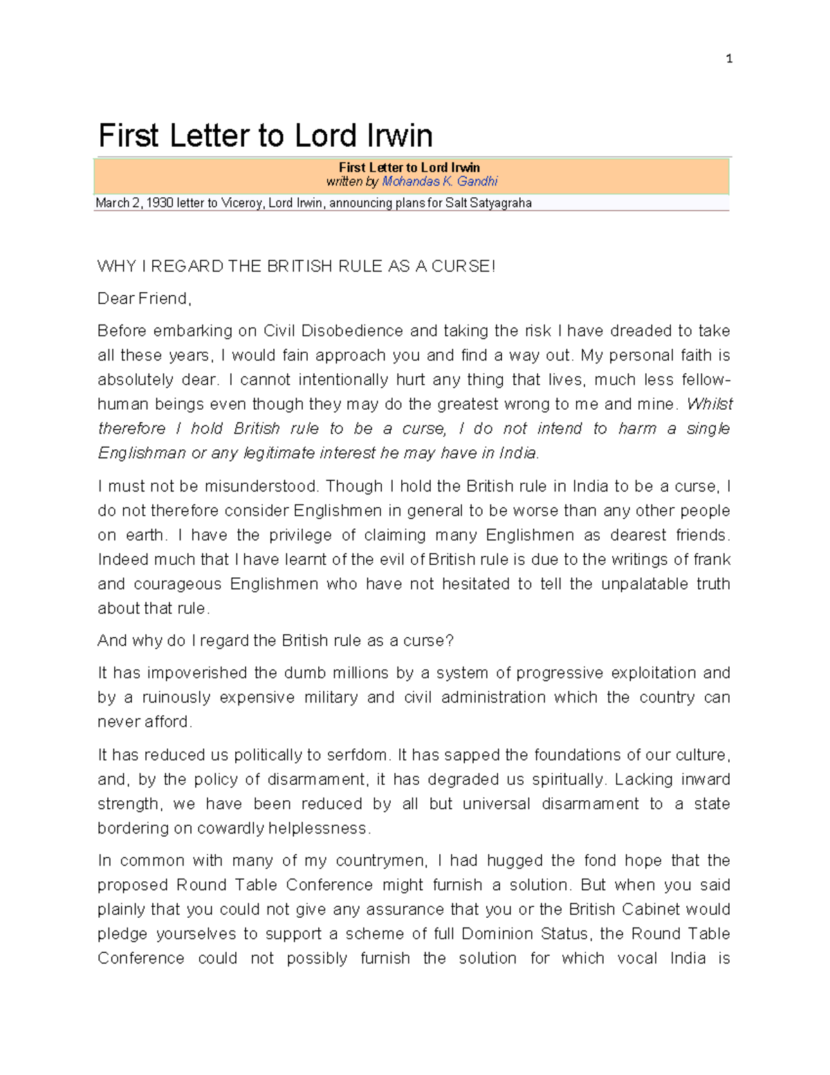 Mahatma Gandhis First Letter to Lord Irwin 1930 - First Letter to Lord ...