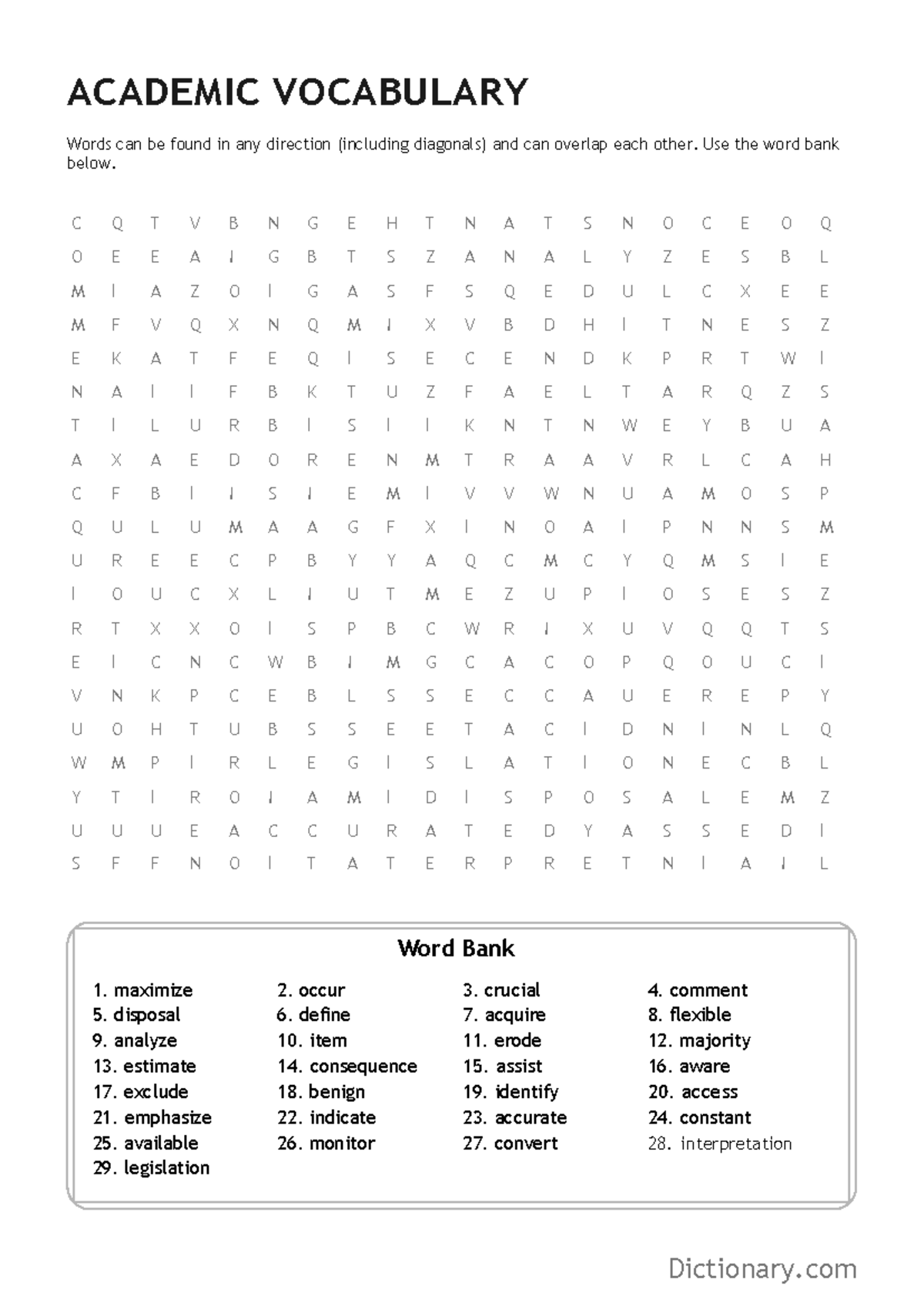 Wordfinder Academic Vocabulary - Word Bank ACADEMIC VOCABULARY Words ...