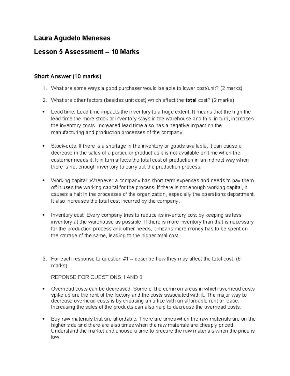 Lesson 5 Assessment - Laura Agudelo Meneses Lesson 5 Assessment – 10 Marks Short Answer (10 ...