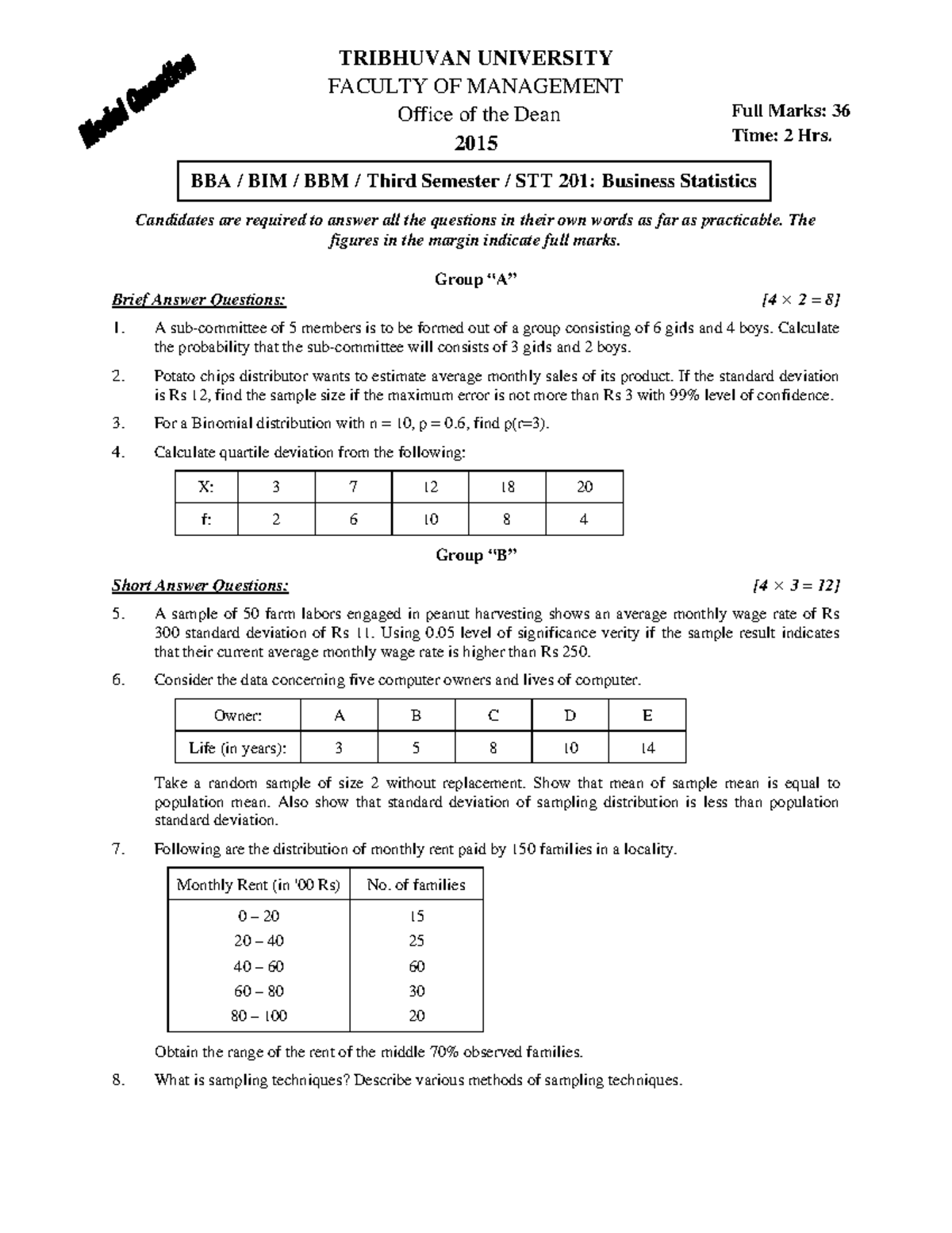 Model Questions for BBA, BIM, BBM Third Semester Business Statistics - TRIBHUVAN UNIVERSITY ...