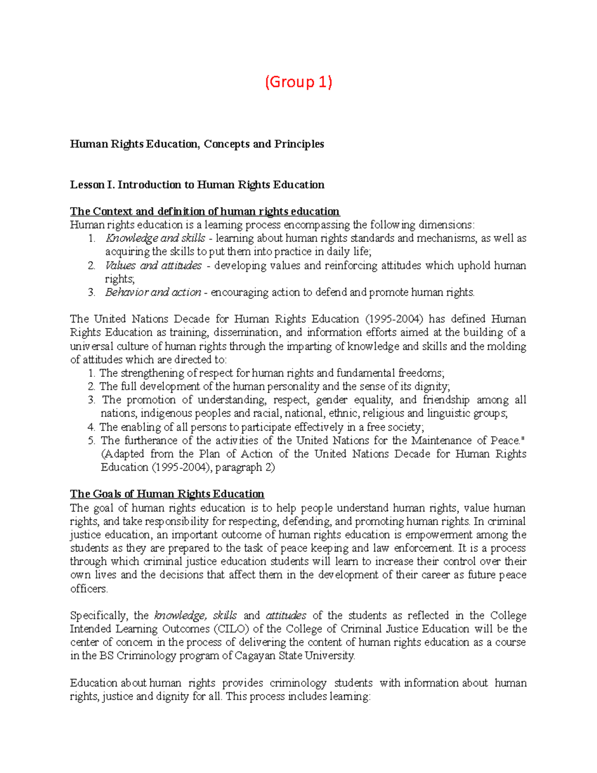 Human Behavior and Crisis - (Group 1) Human Rights Education, Concepts ...