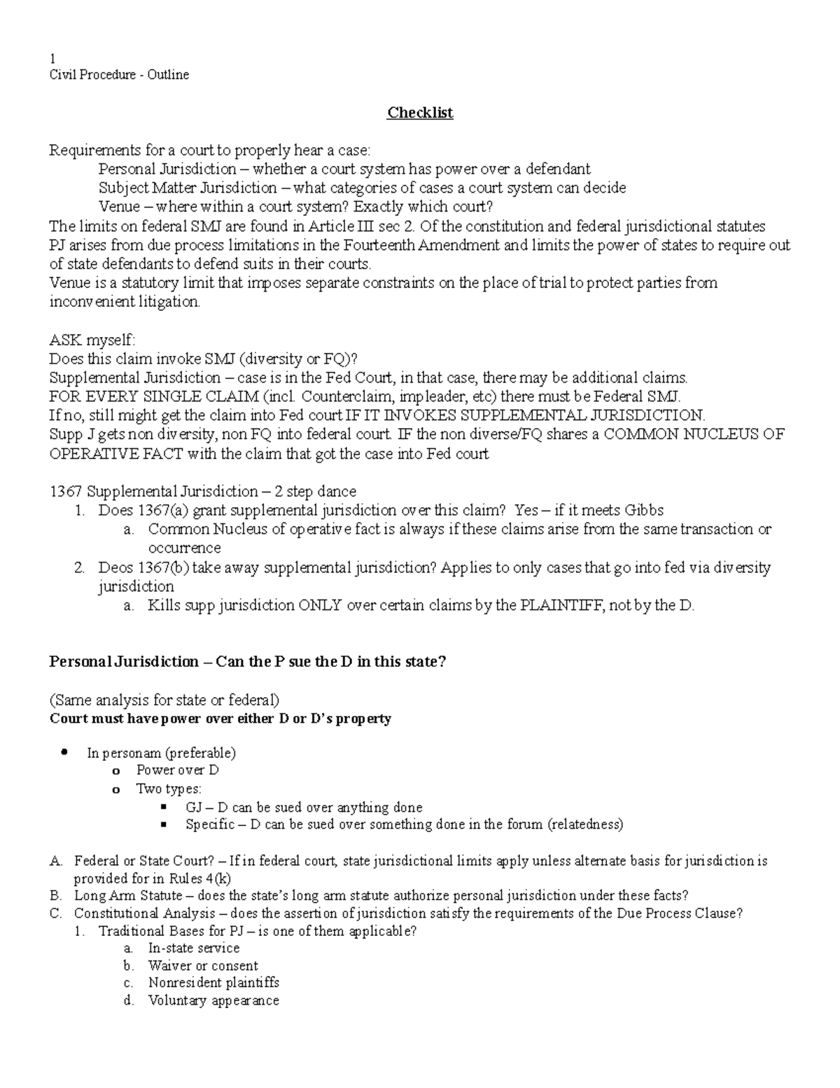 Civ Pro Review Notes - 1 Civil Procedure Outline Checklist Requirements ...