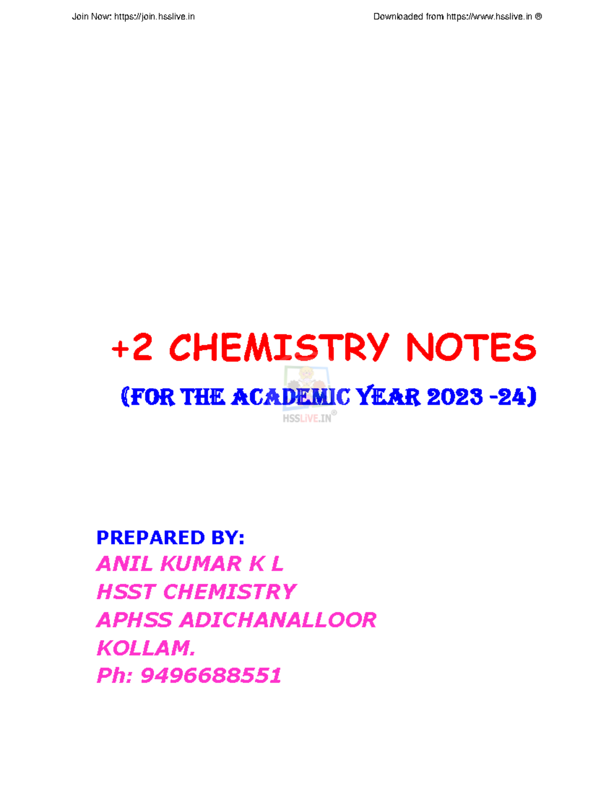 Hsslive xii chemistry all in one notes anil 2023 - +2 CHEMISTRY NOTES ...
