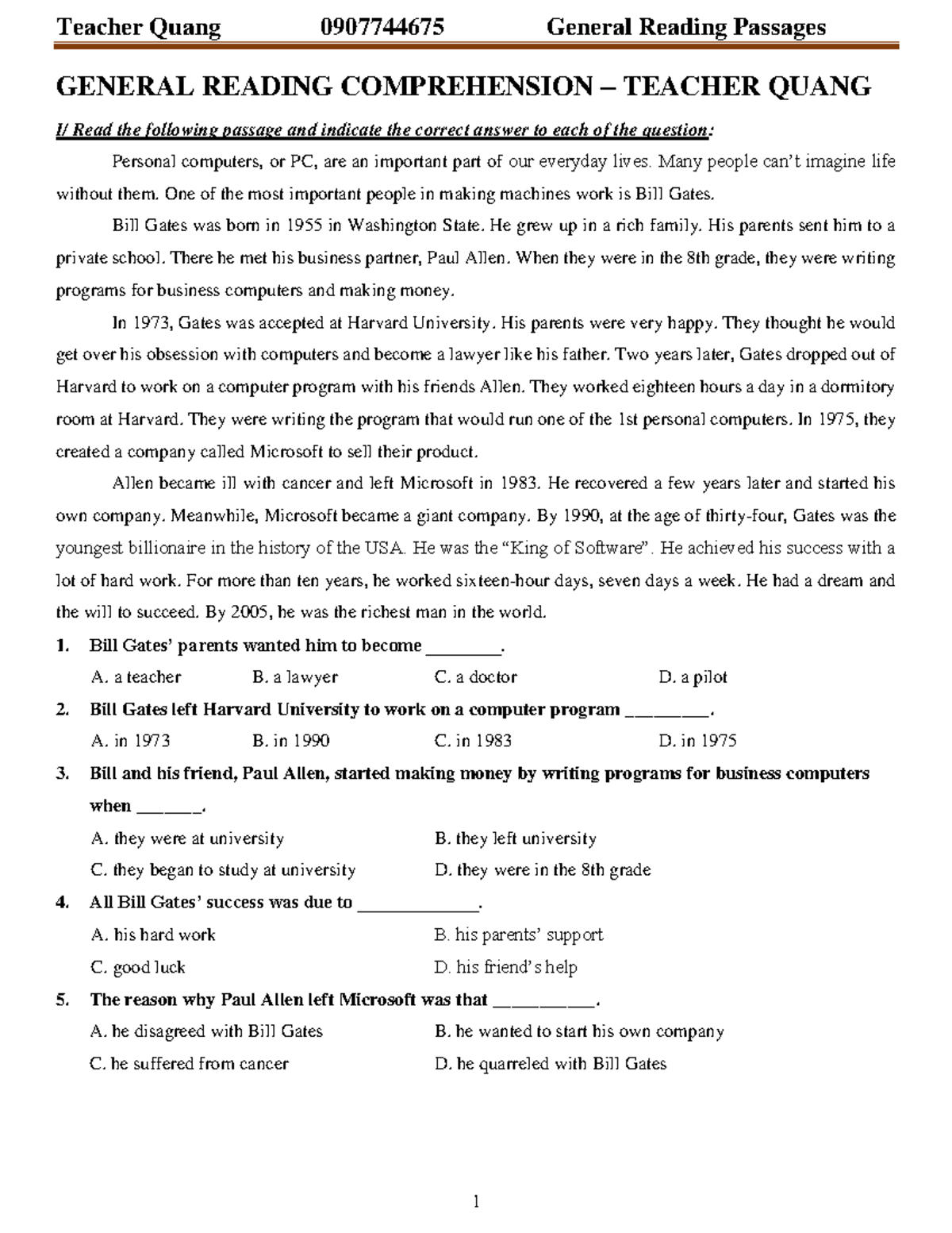 General Reading - Teacher Quang - GENERAL READING COMPREHENSION ...