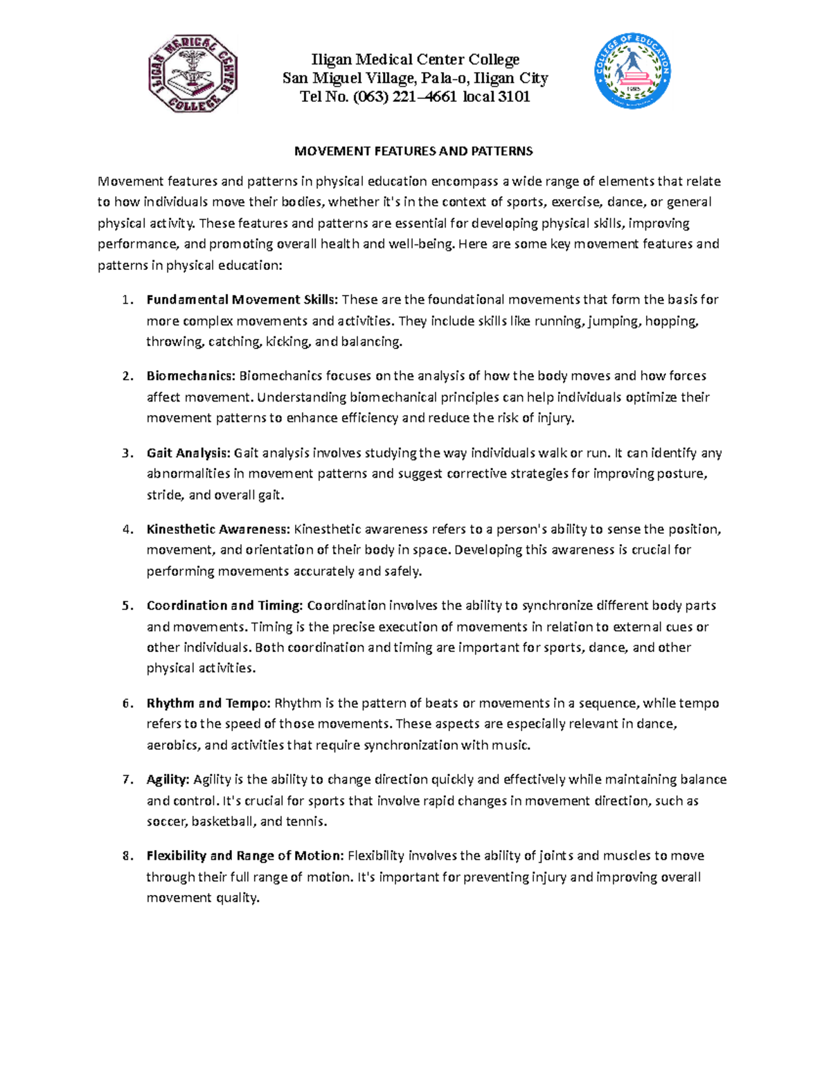 Movement Features AND Patterns - Iligan Medical Center College San ...